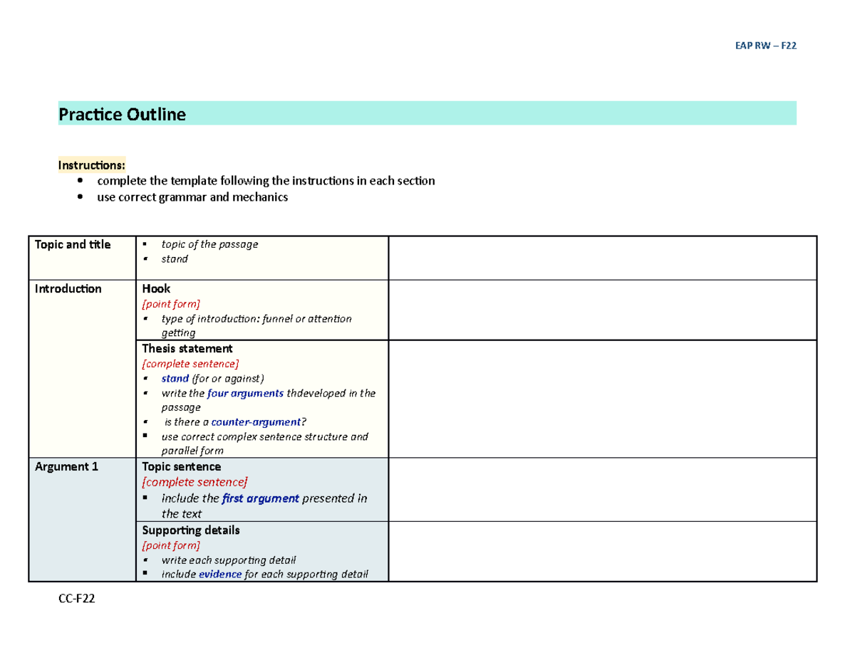 Practice Outline Template - EAP RW – F Practice Outline Instructions ...