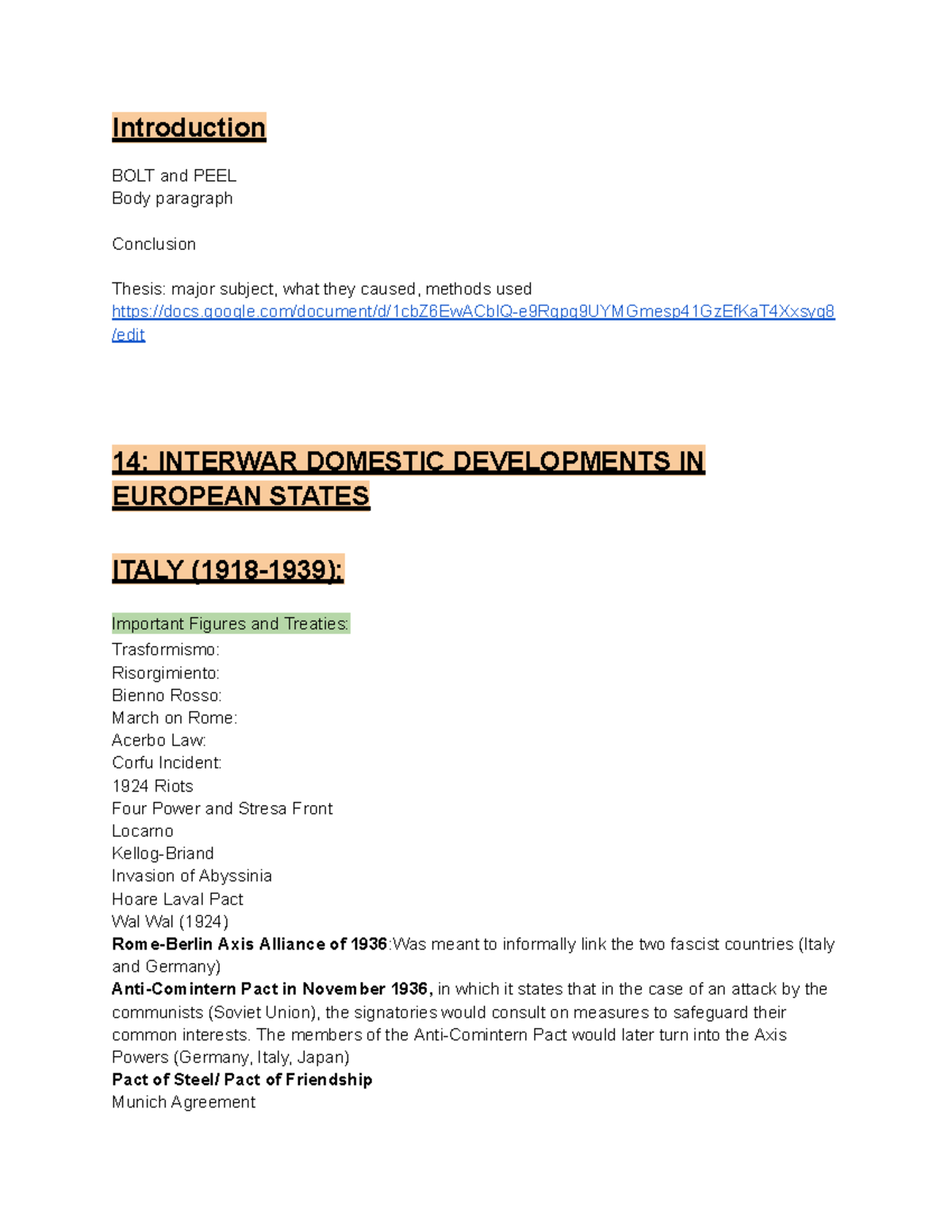 HL History Overview - Introduction BOLT and PEEL Body paragraph ...