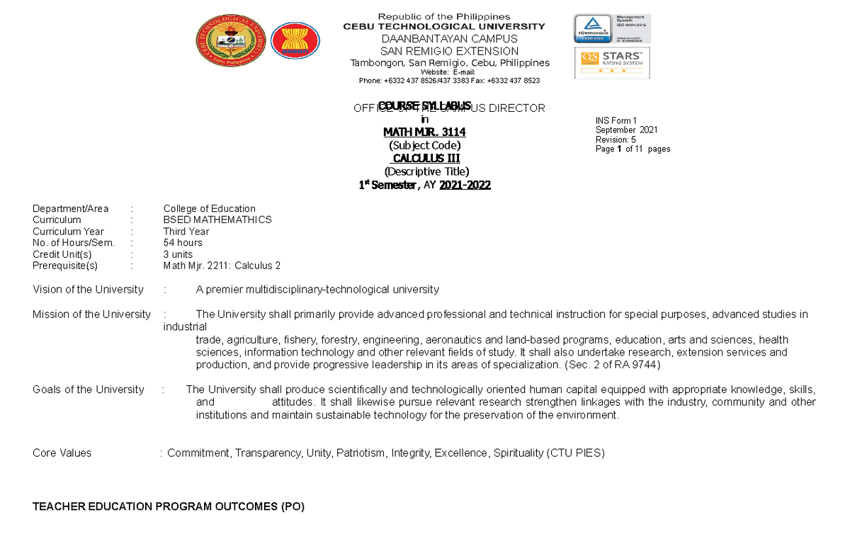Calculus-3-final - An assignment for calculus 3 - COURSE SYLLABUS in ...