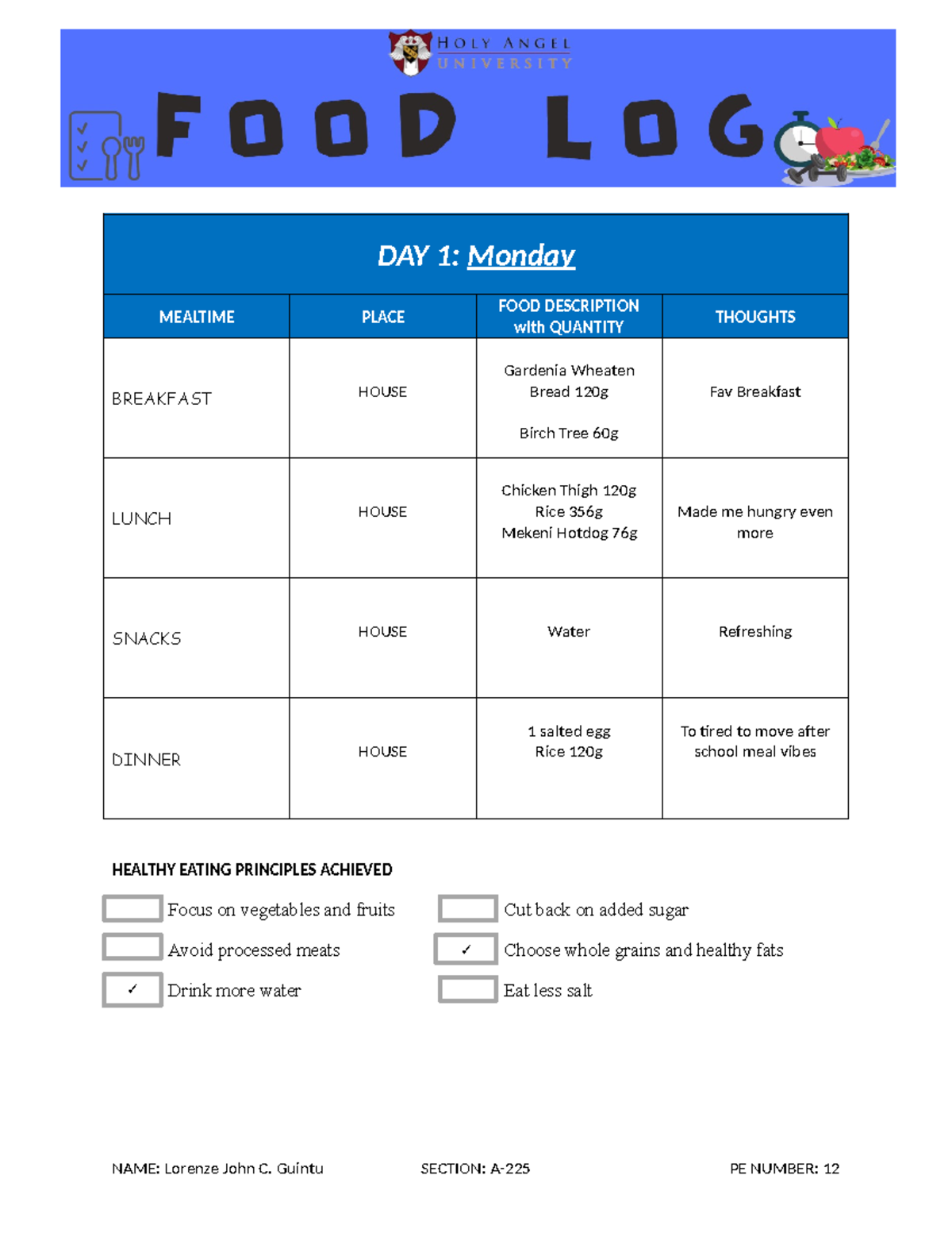 Food Log Template - Food Logs - DAY 1: Monday MEALTIME PLACE FOOD ...