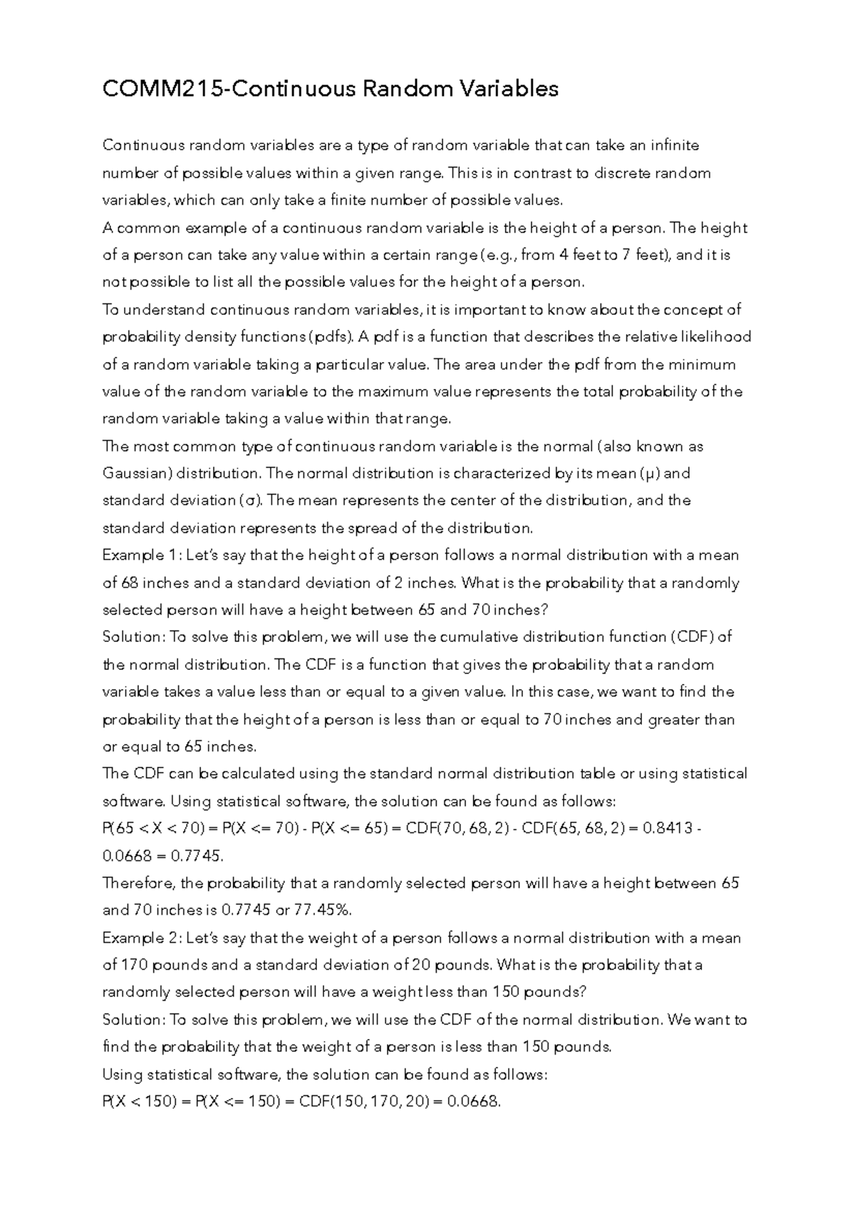 COMM215-Continuous Random Variables - COMM215-Continuous Random ...