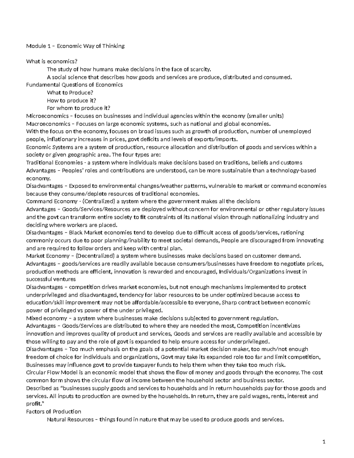 D089 Study Guide - Module 1 – Economic Way of Thinking What is economics? The study of how ...