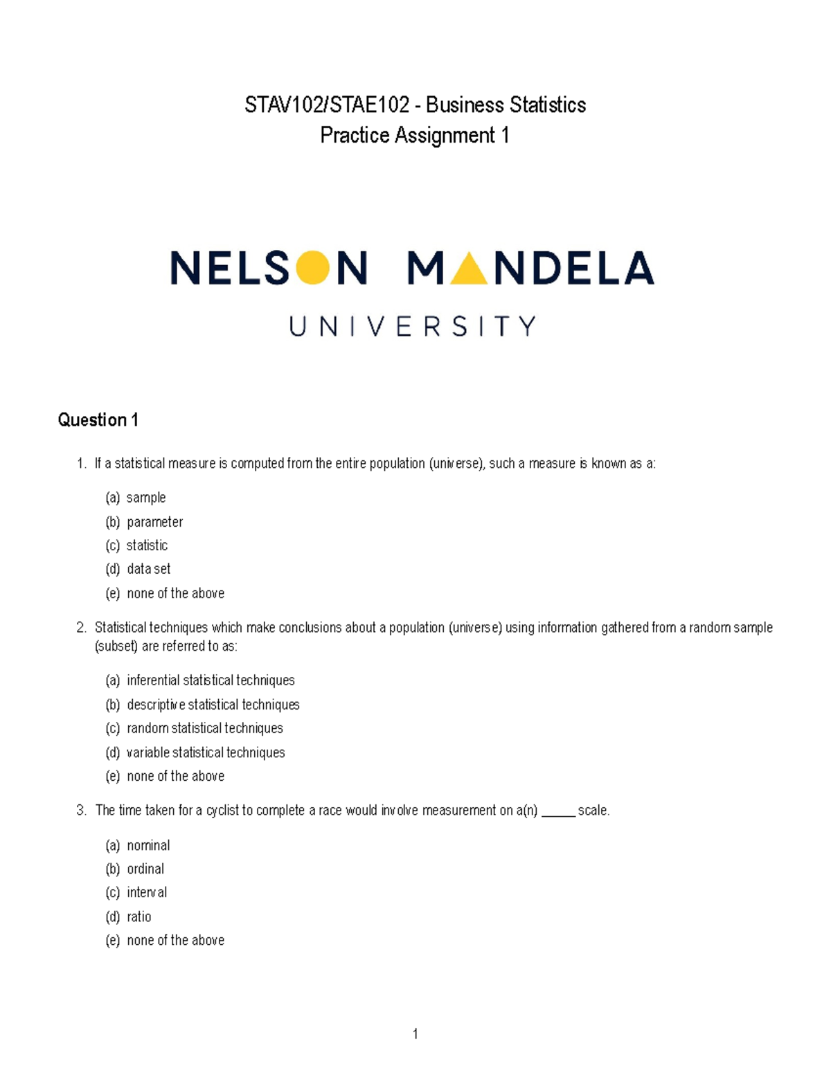 STAV102 Practice Assignment 1 - STAV102/STAE102 Business Statistics Practice Assignment 1 ...