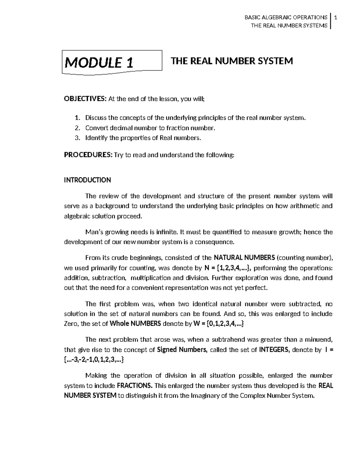 Algebra Lesson 1 - FOR SENIOR - MODULE 1 ####### THE REAL NUMBER ...