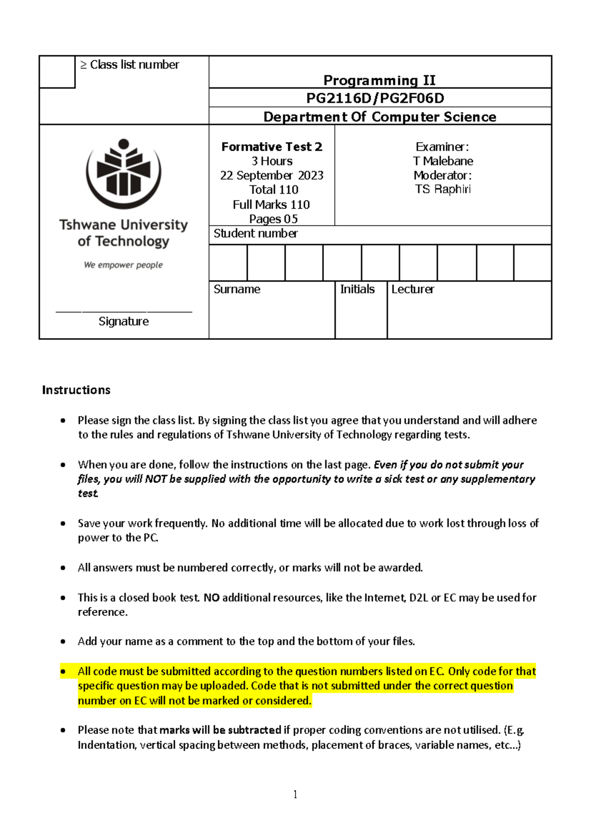 FA2 PG2116D S223 - Good - Class list number Programming II PG2116D ...