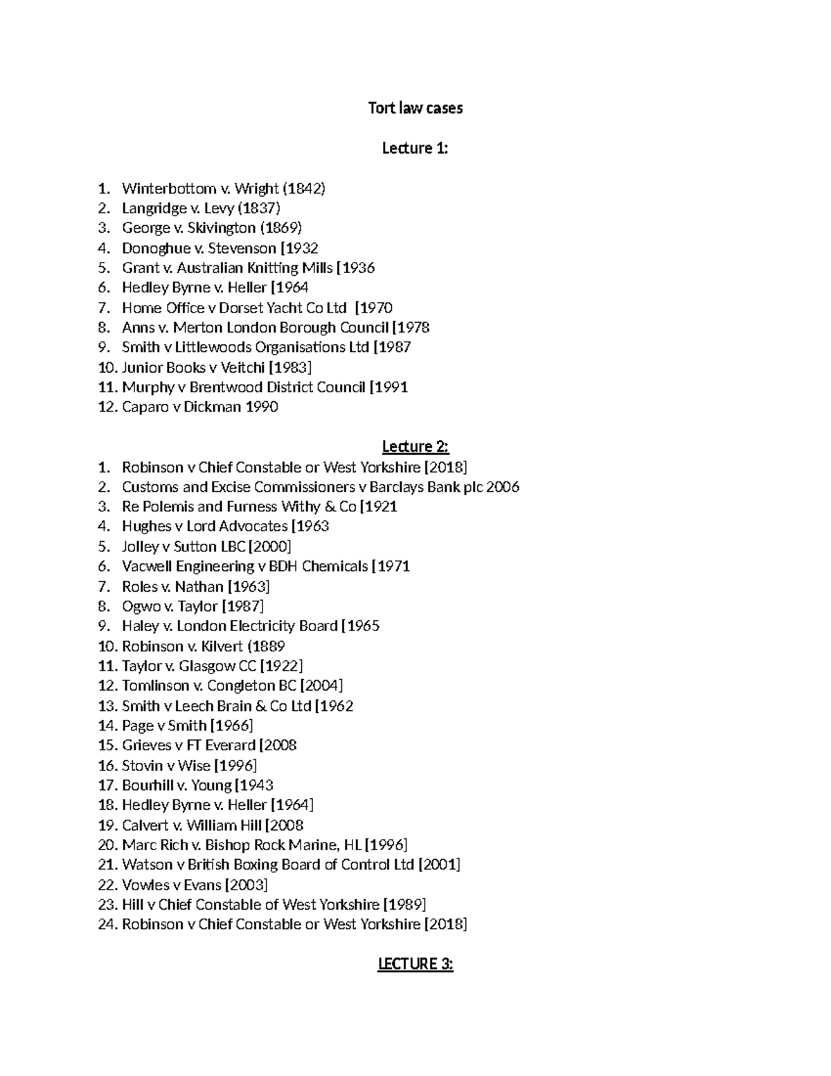 Tort law cases - tort law case 1st term - Tort law cases Lecture 1 ...