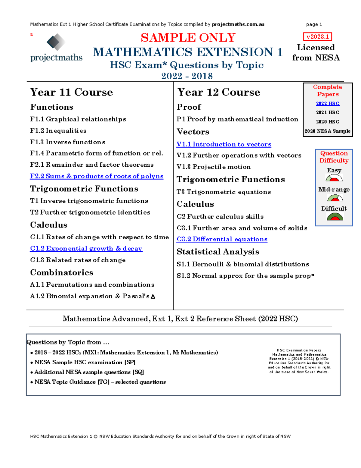 MX1Sample - past papers practice - a SAMPLE ONLY MATHEMATICS EXTENSION ...