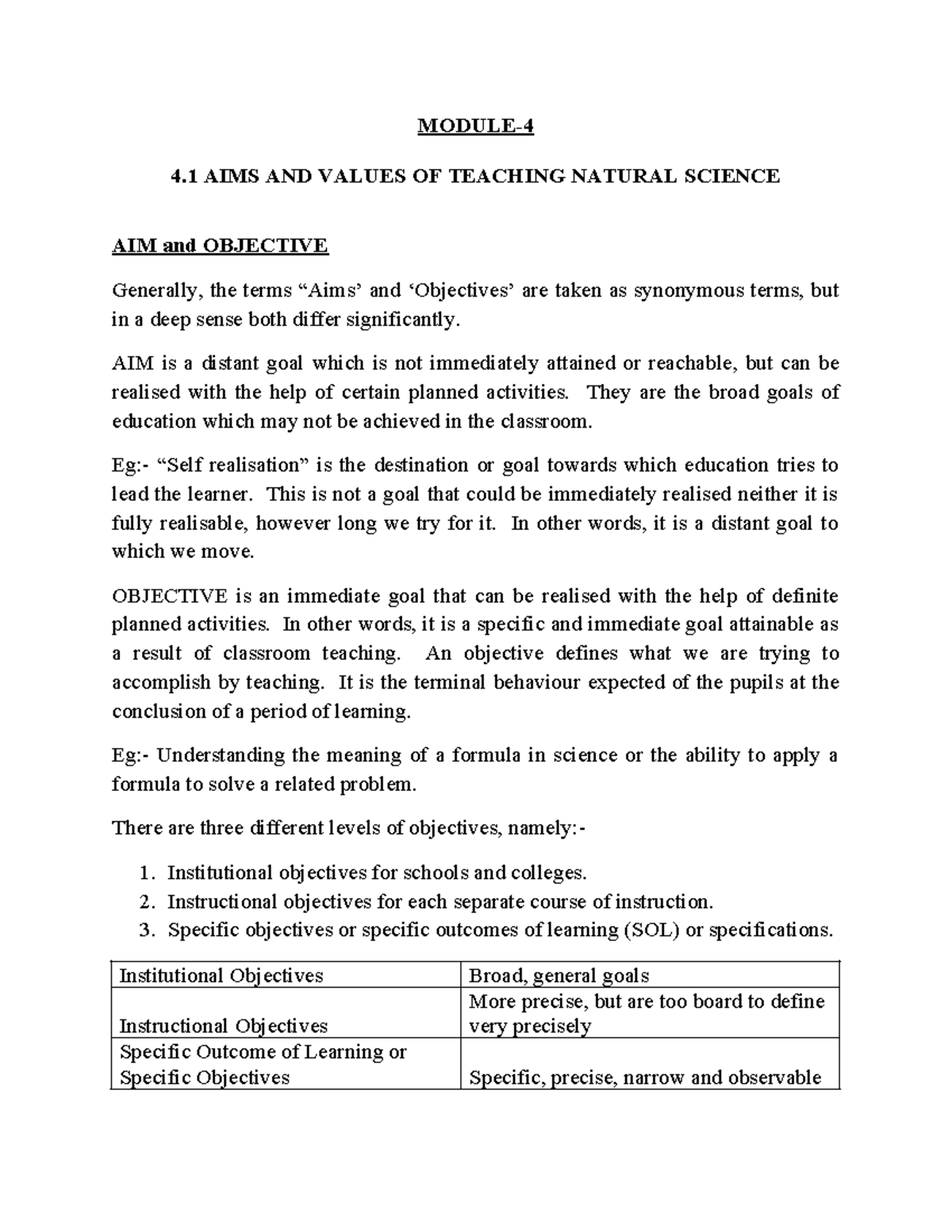 Aims and values of Teaching Natural Science - MODULE- 4 AIMS AND VALUES ...