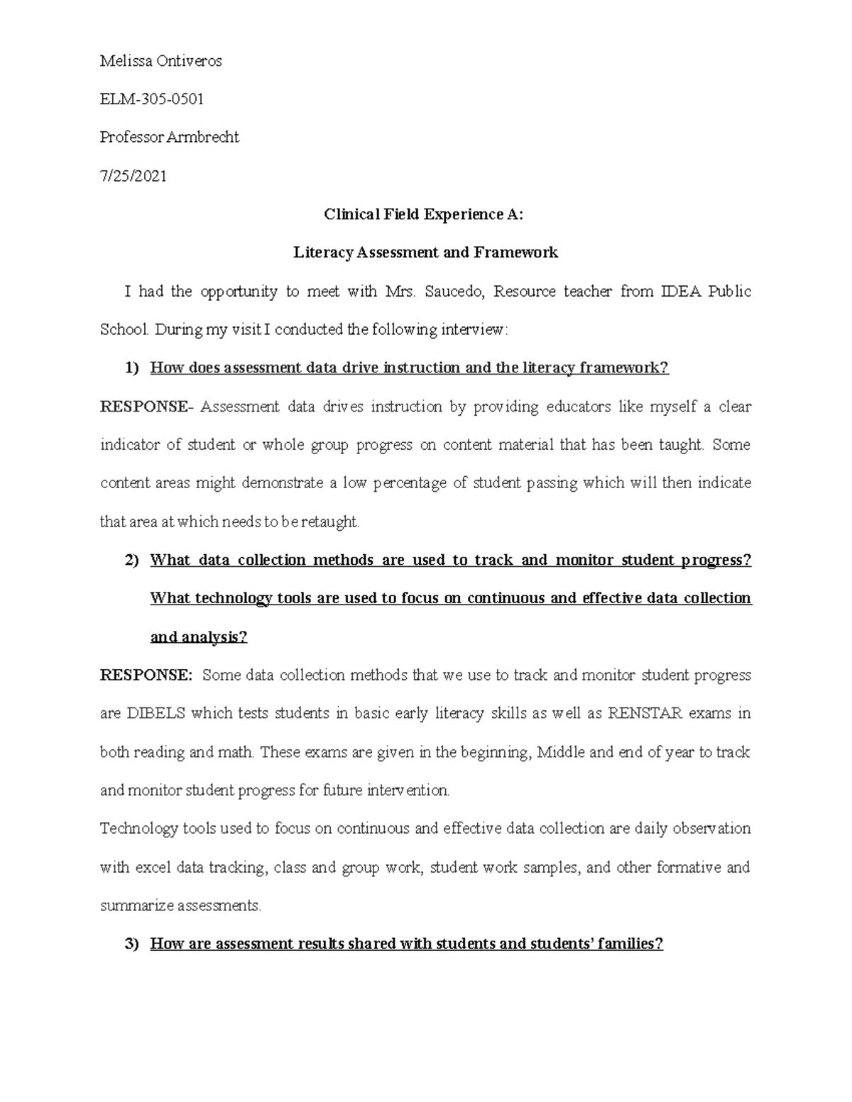 Field Experience A- interview - ELM-305- Professor Armbrecht 7/25 ...