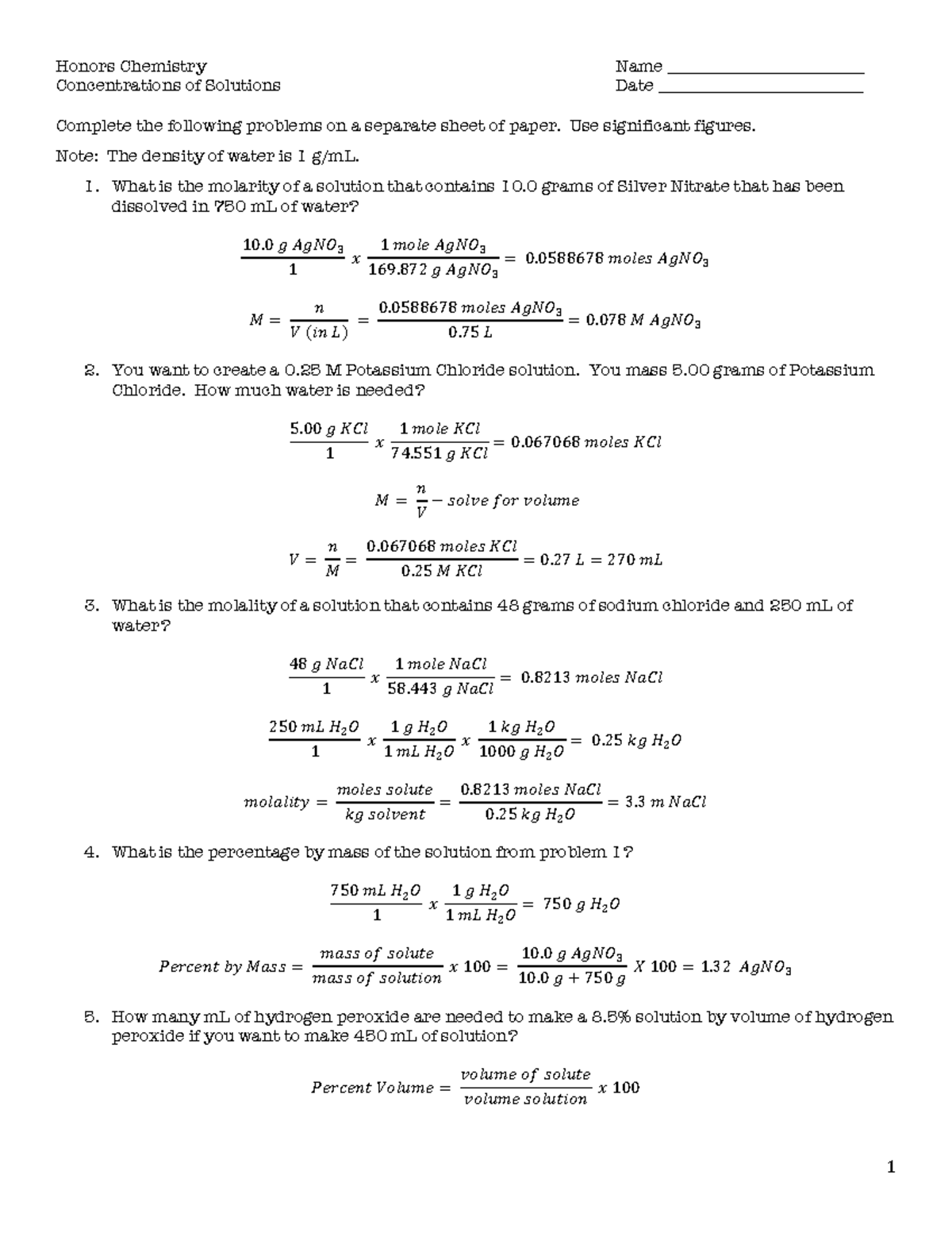 HW - Concentrations of solutions Answers - 1 Honors Chemistry Name