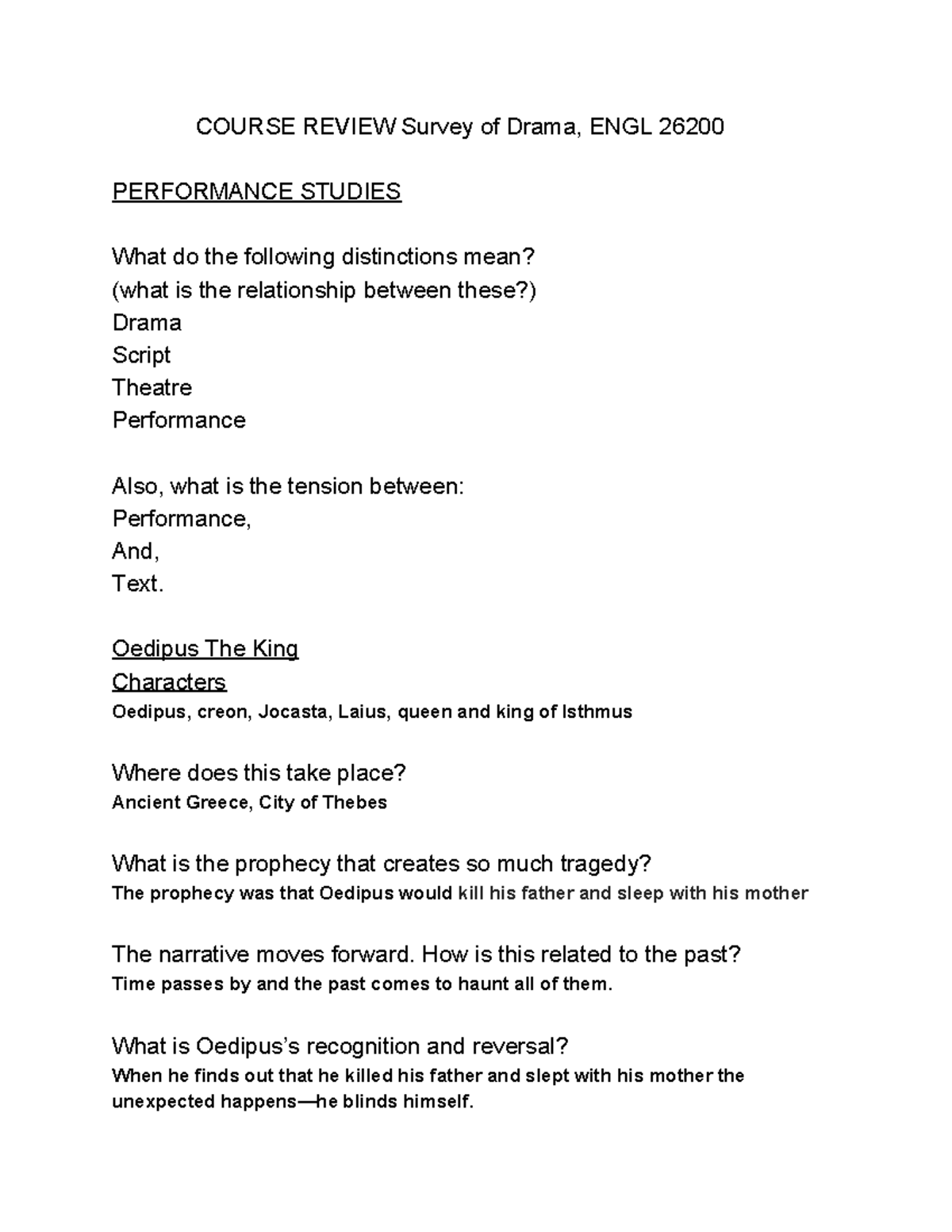 Course Review Survey of Drama, ENGL 26200 - COURSE REVIEW Survey of ...