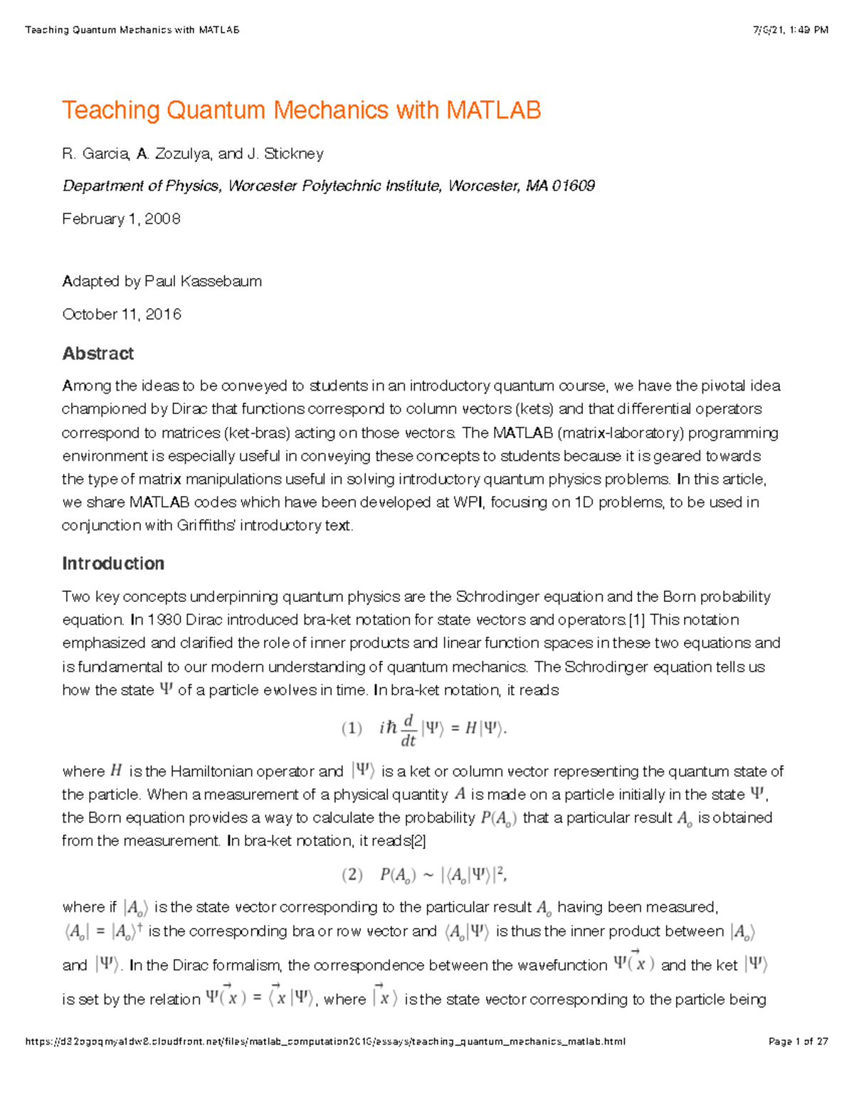 Teaching Quantum Mechanics with Matlab - Teaching Quantum Mechanics ...