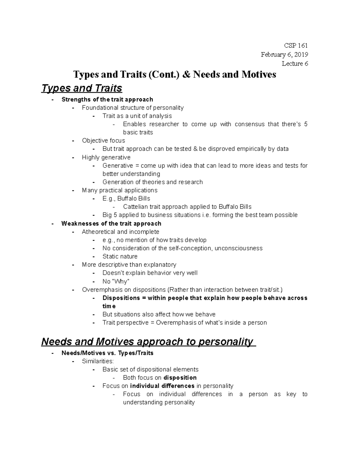Lec 6 Individual Differences-Needs and Motives - CSP 161 February 6 ...
