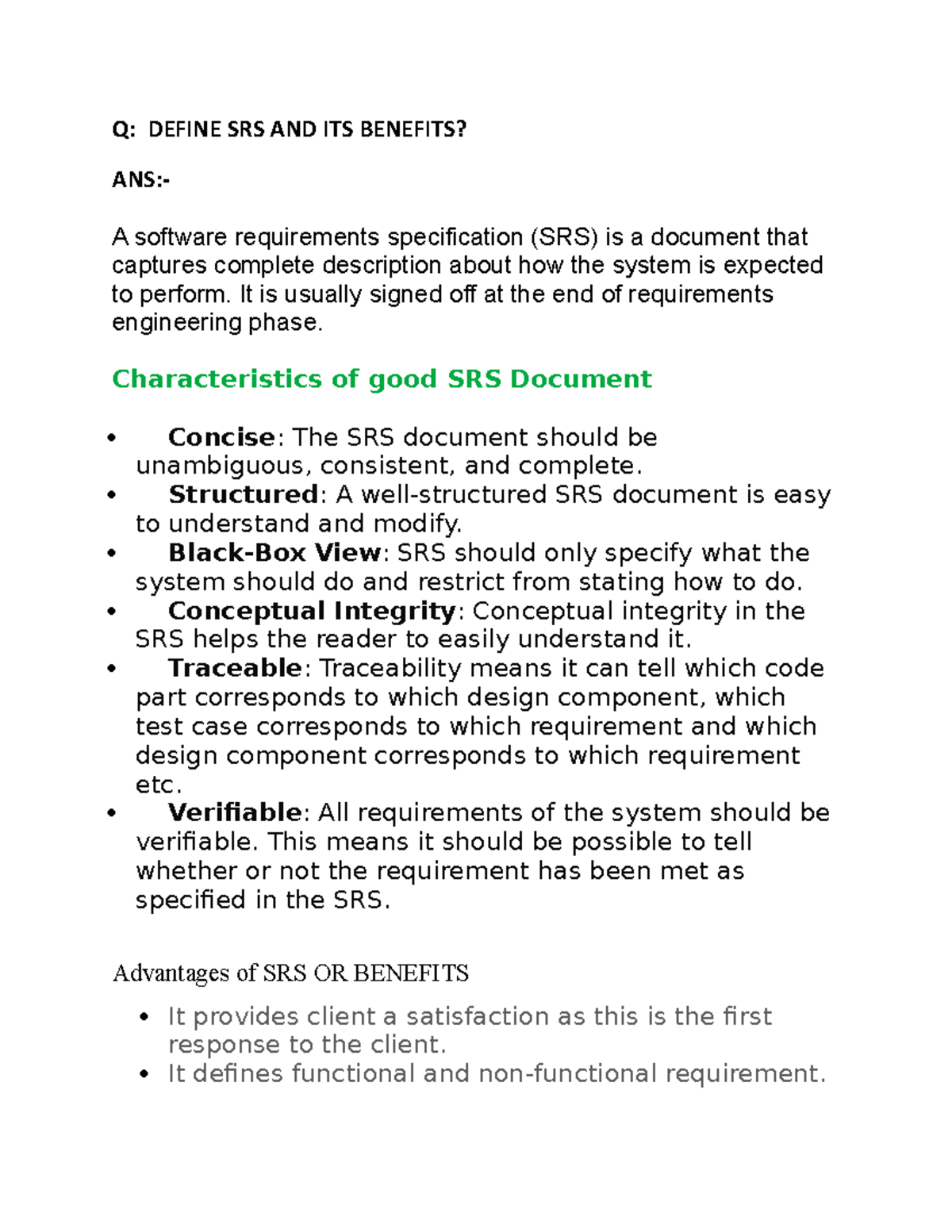 BCS051 Block 1 - Notes.... - Q: DEFINE SRS AND ITS BENEFITS? ANS:- A ...