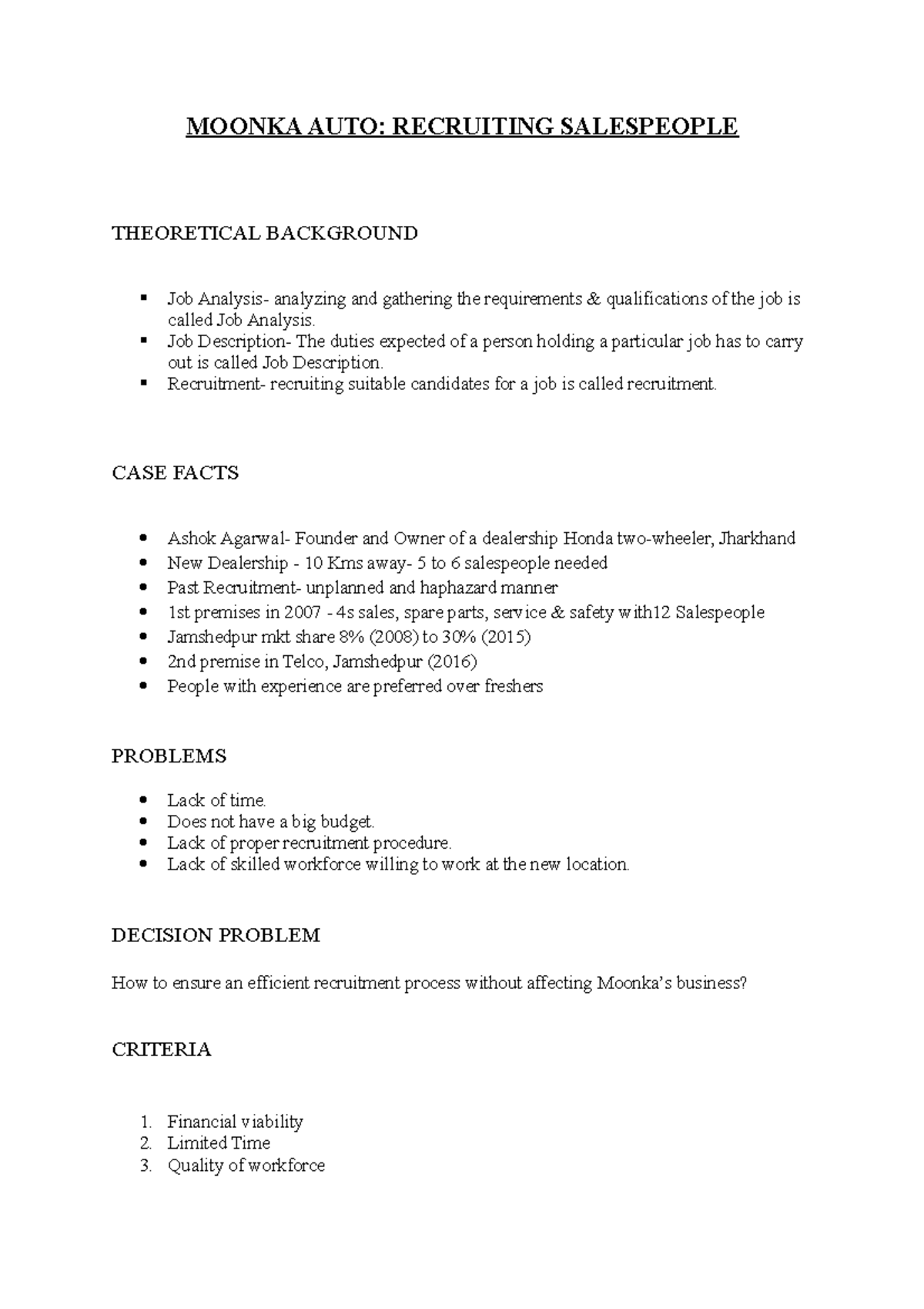 Moonka AUTO - case study of MHR - MOONKA AUTO: RECRUITING SALESPEOPLE ...
