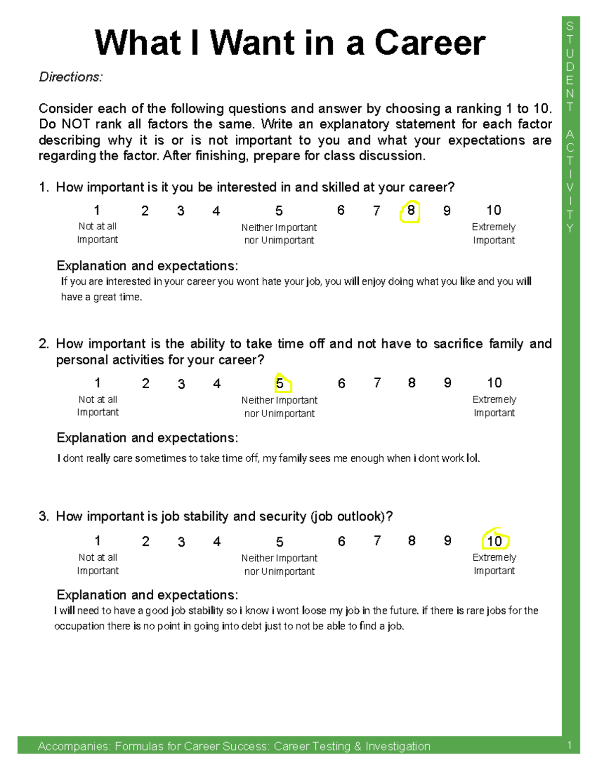 What I Want in a Career - S T U D E N T A C T I V I T Y Accompanies ...