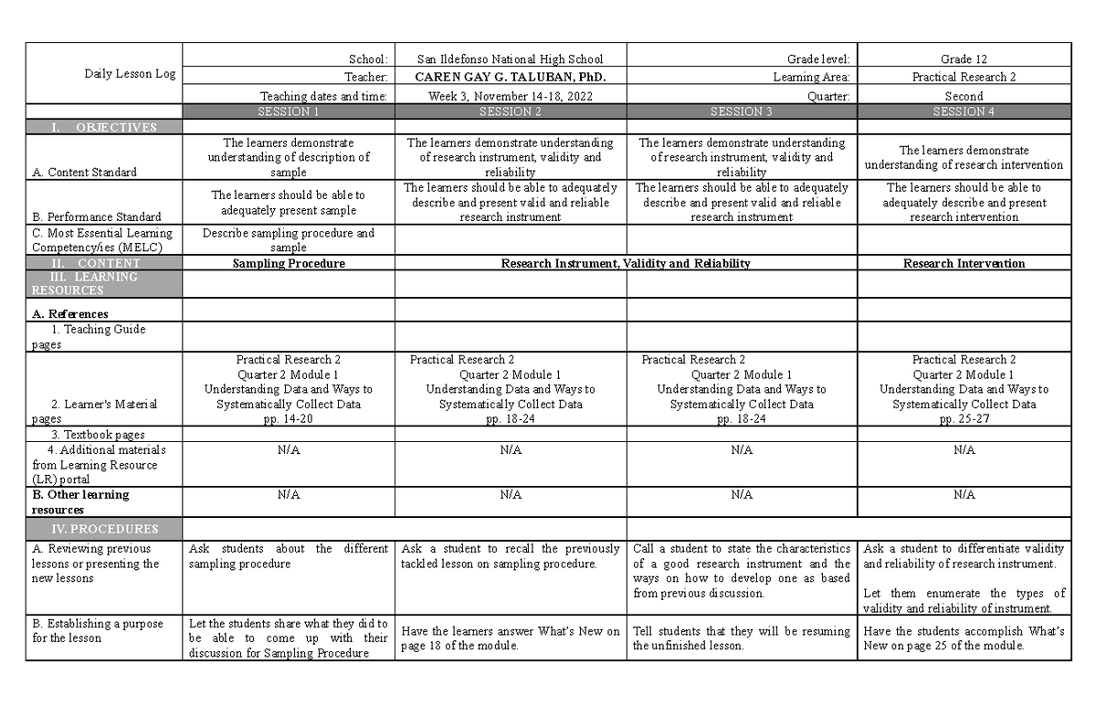 PR2 Quarter 2 WEEK 3 DLL - dll - Daily Lesson Log School: San Ildefonso National High School ...