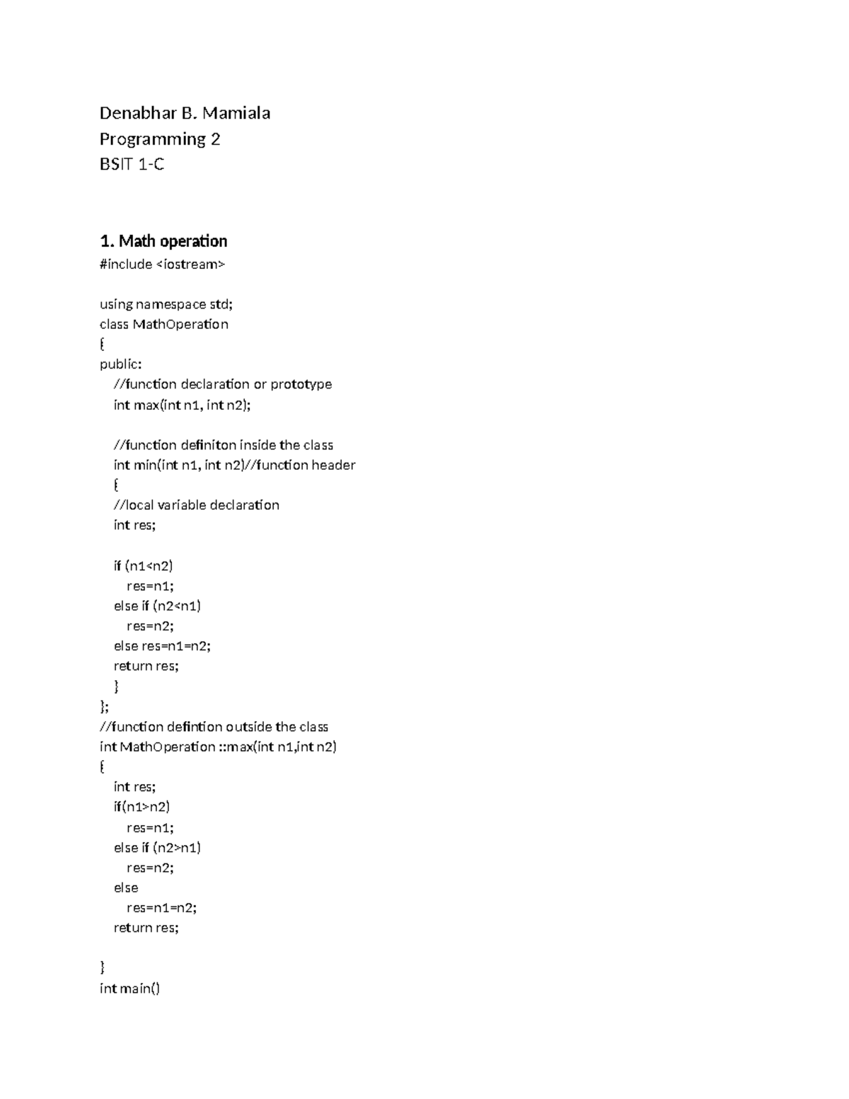 Programming Activity - Example - Denabhar B. Mamiala Programming 2 BSIT 1-C 1. Math operation ...