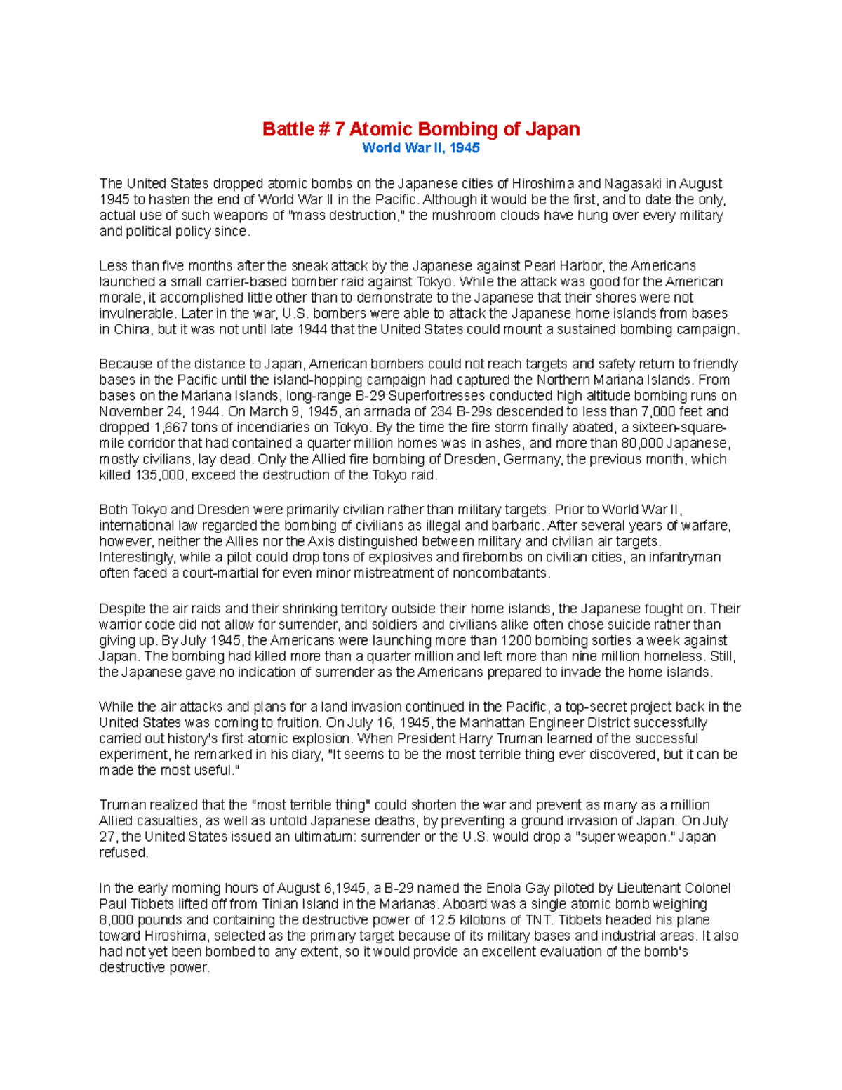 Battle # 7 Atomic Bombing of Japan - Battle # 7 Atomic Bombing of Japan ...