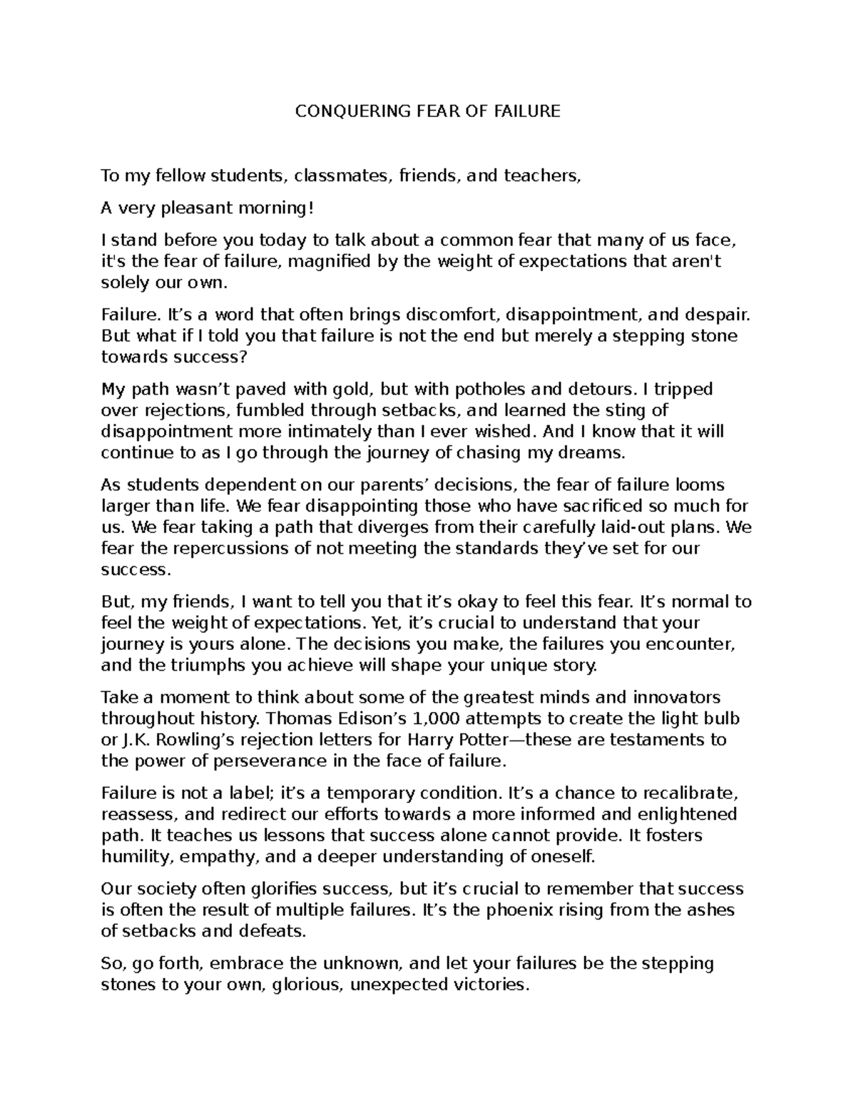 Short Manuscript - CONQUERING FEAR OF FAILURE To my fellow students ...