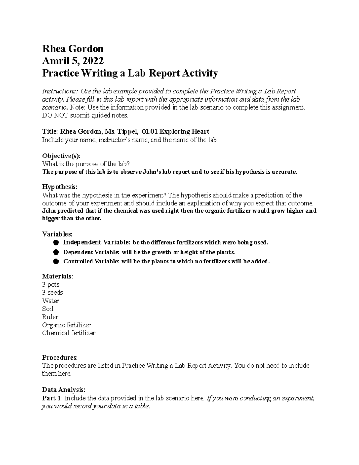 Practice writing a lab report 2 LAB REPORT - Rhea Gordon Amril 5, 2022 ...