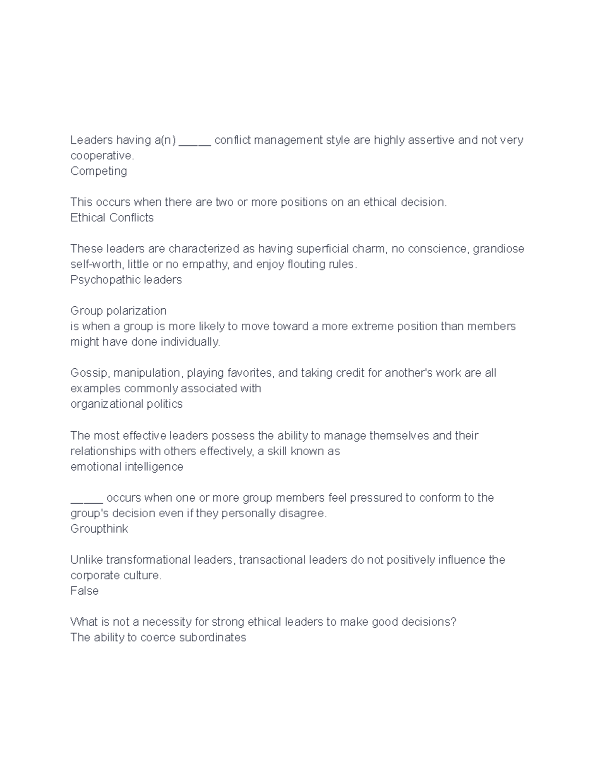 Business Ethics - Chapter 11 - Leaders having a(n) _____ conflict ...