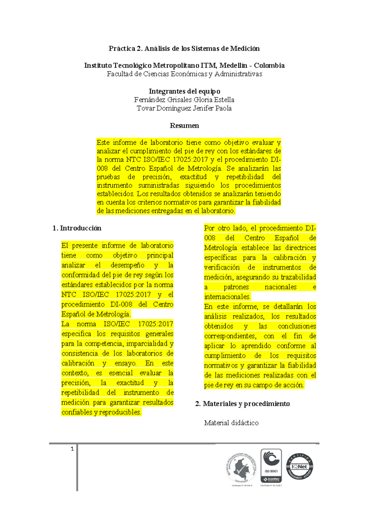Informe De Laboratorio 1 Analisis De Los Sistemas De Medición