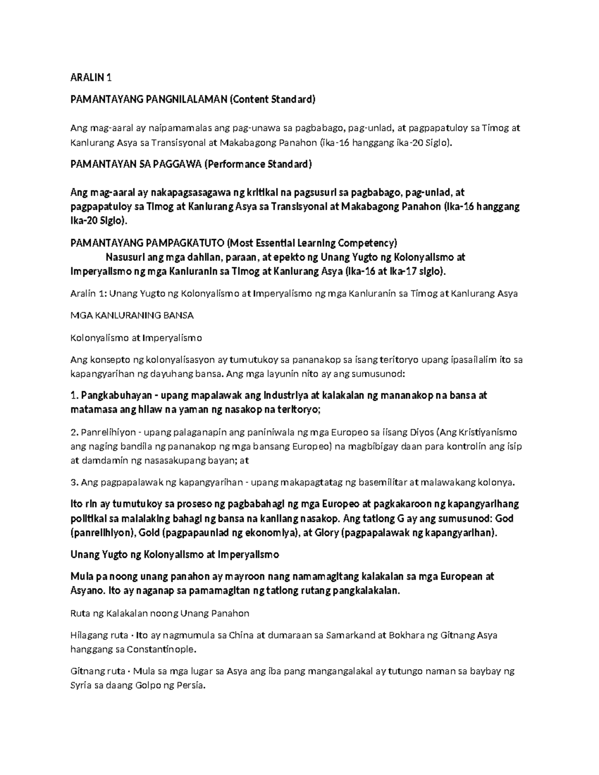 Grade 7 q3 Aralin 1 handouts - ARALIN 1 PAMANTAYANG PANGNILALAMAN ...
