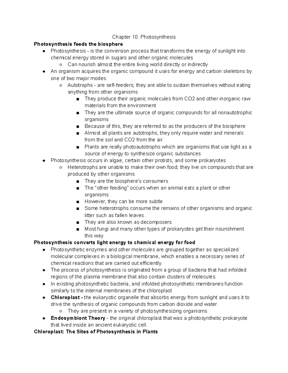 Bio Lecture 15 - Chapter 10: Photosynthesis Photosynthesis feeds the ...