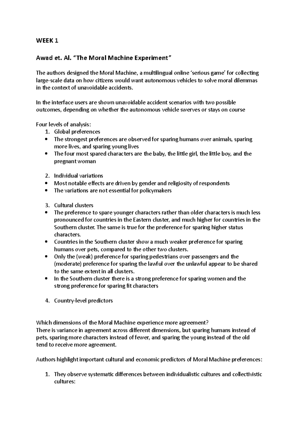 Articles - WEEK 1 Awad et. Al. “The Moral Machine Experiment” The authors designed the Moral ...