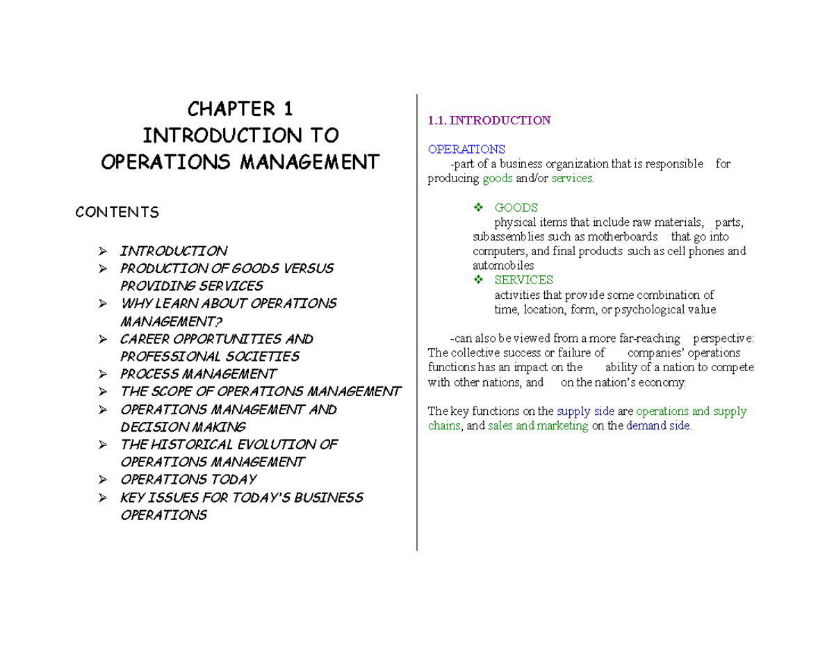 Introduction TO Operations Management - CHAPTER 1 INTRODUCTION TO OPERATIONS MANAGEMENT CONTENTS ...