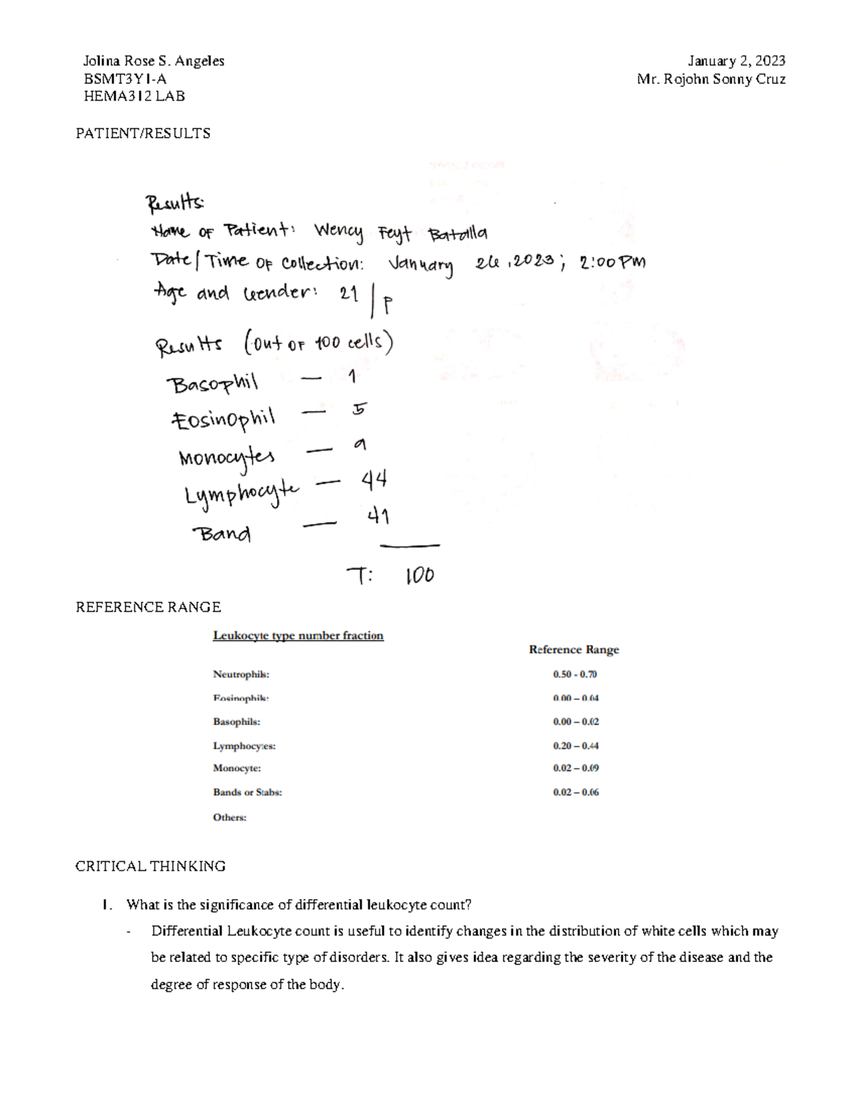 Angeles HEMA2 EXP 1 - Experiment 1 Clinical Hematology, Differential ...