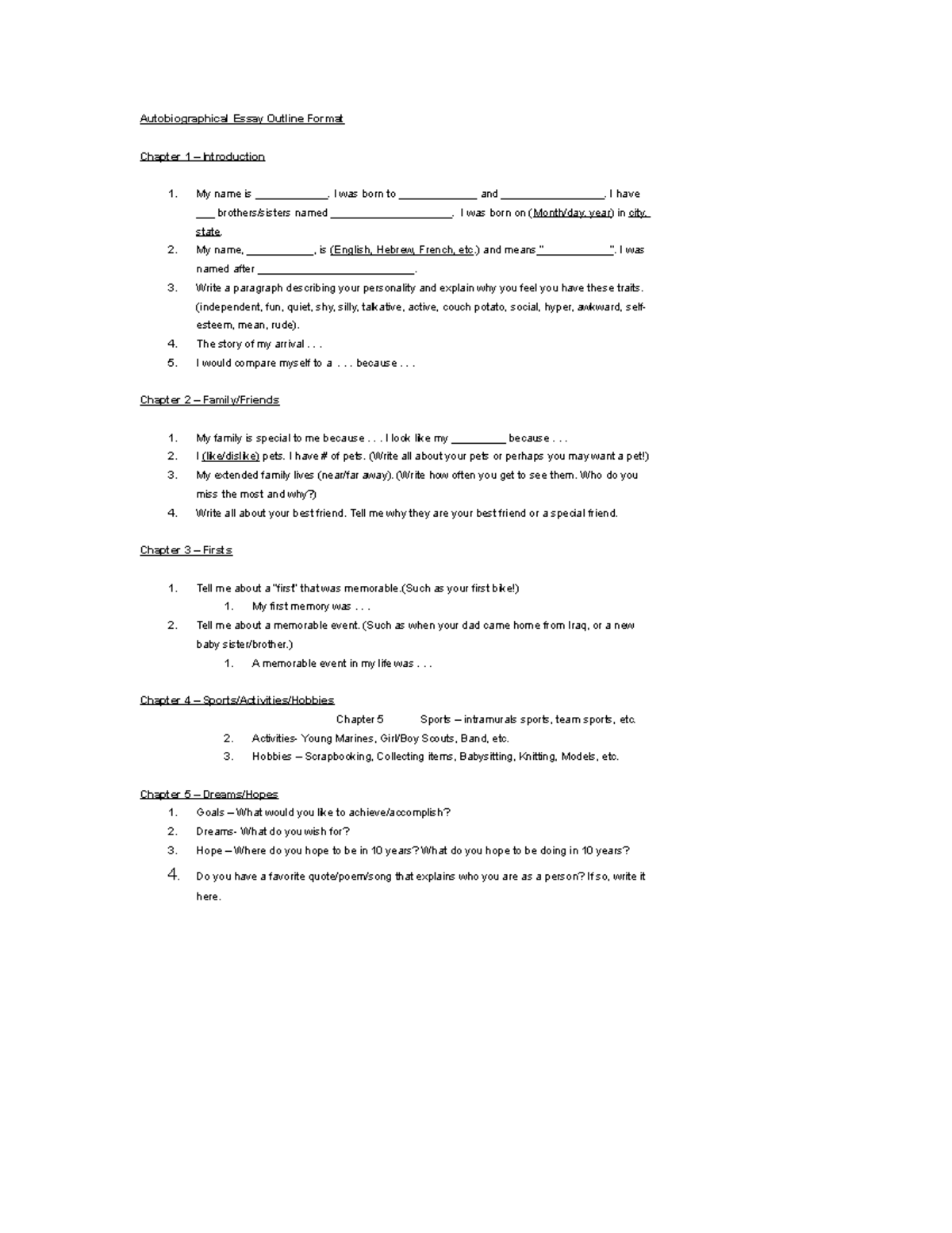 Autobiography Template 02 - Autobiographical Essay Outline Format ...