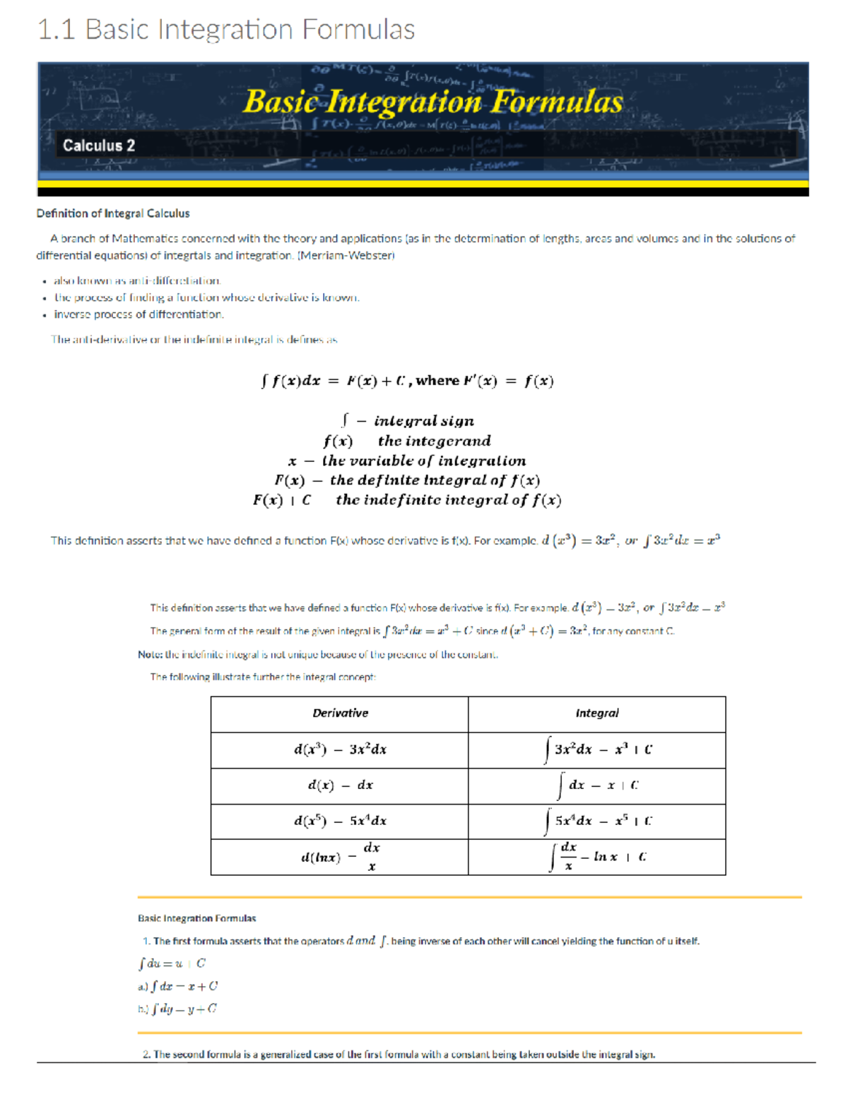 1.1 Basic Integration Formulas mathematics, simulation in college of ...