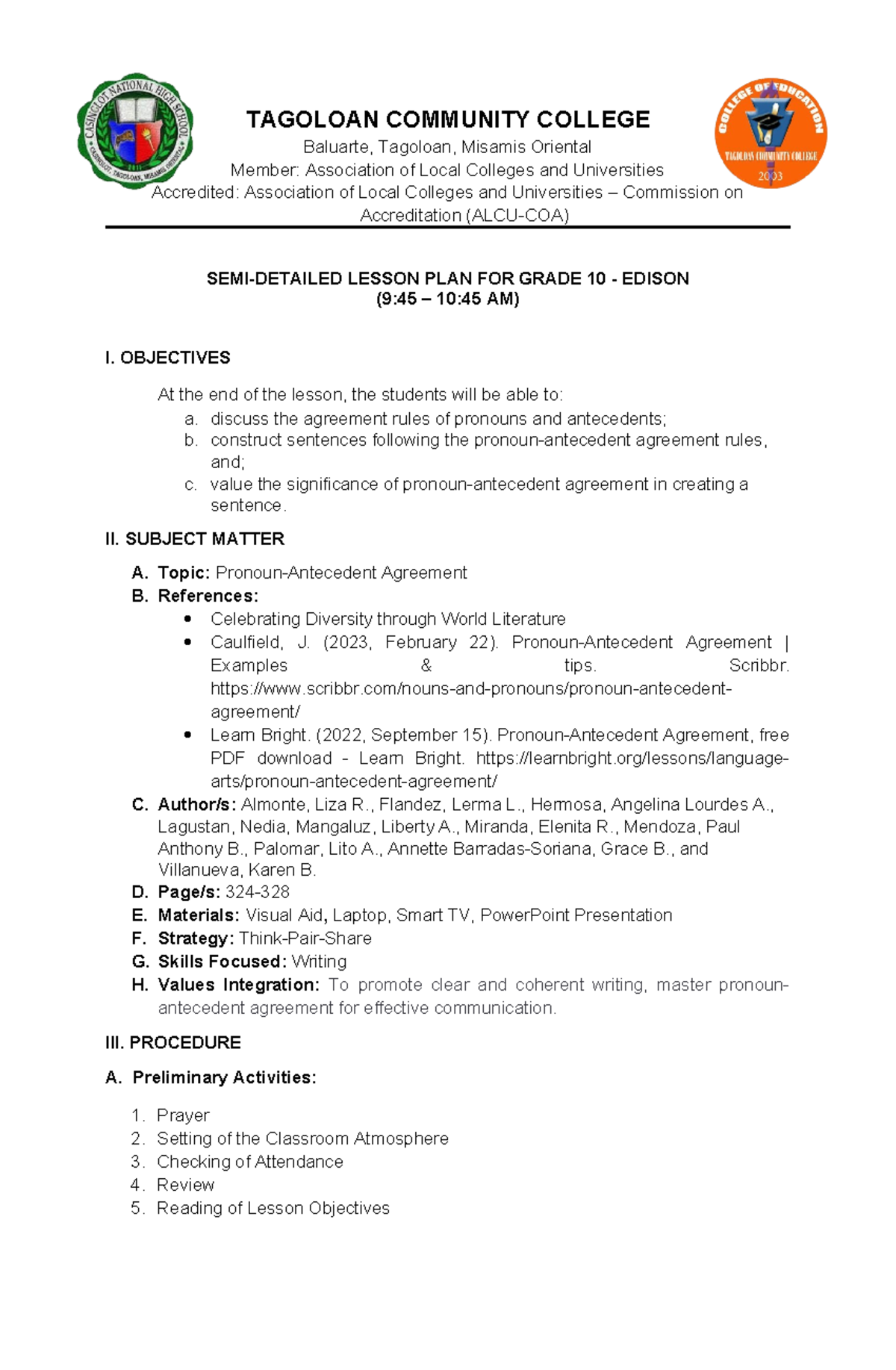 Pronoun- Antecedent-edited - TAGOLOAN COMMUNITY COLLEGE Baluarte ...