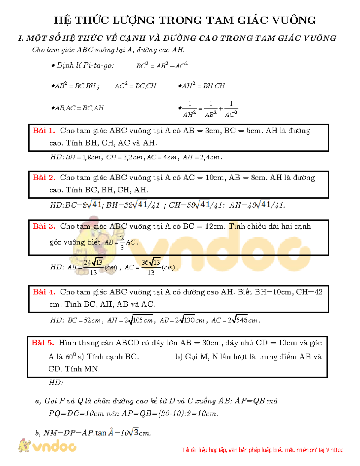 Bai tap he thuc luong trong tam giac vuong toan lop 9 - B‡i 1. Cho tam gi·c ABC vuÙng tại A có ...