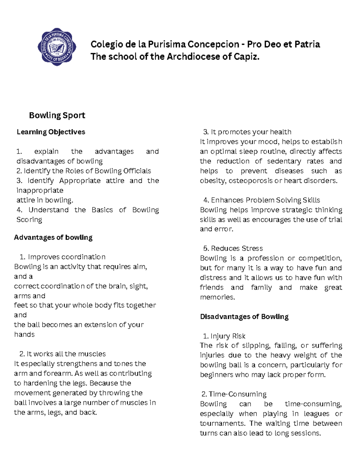 Bowling - ... - The school of the Archdiocese of Capiz. Bowling Sport ...