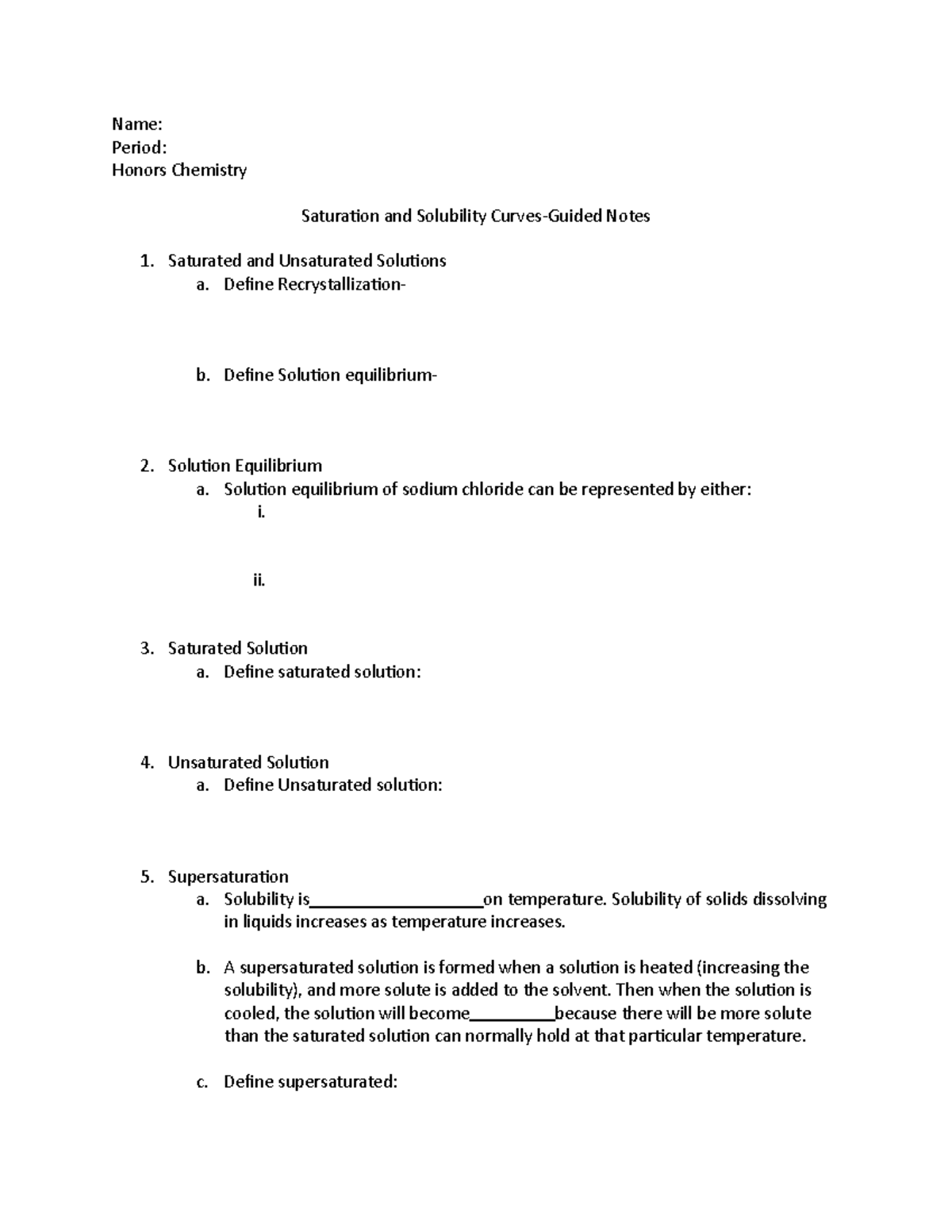 Saturation and solubility curves- Honors-Guided notes - Name: Period ...