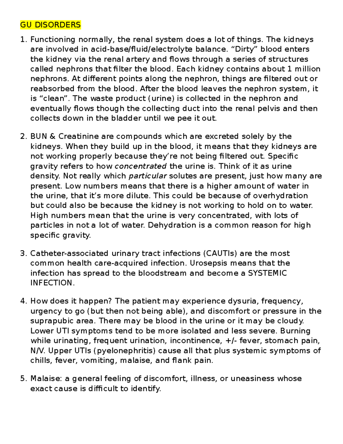 GU Disorder Notes - UTI - GU DISORDERS Functioning normally, the renal ...