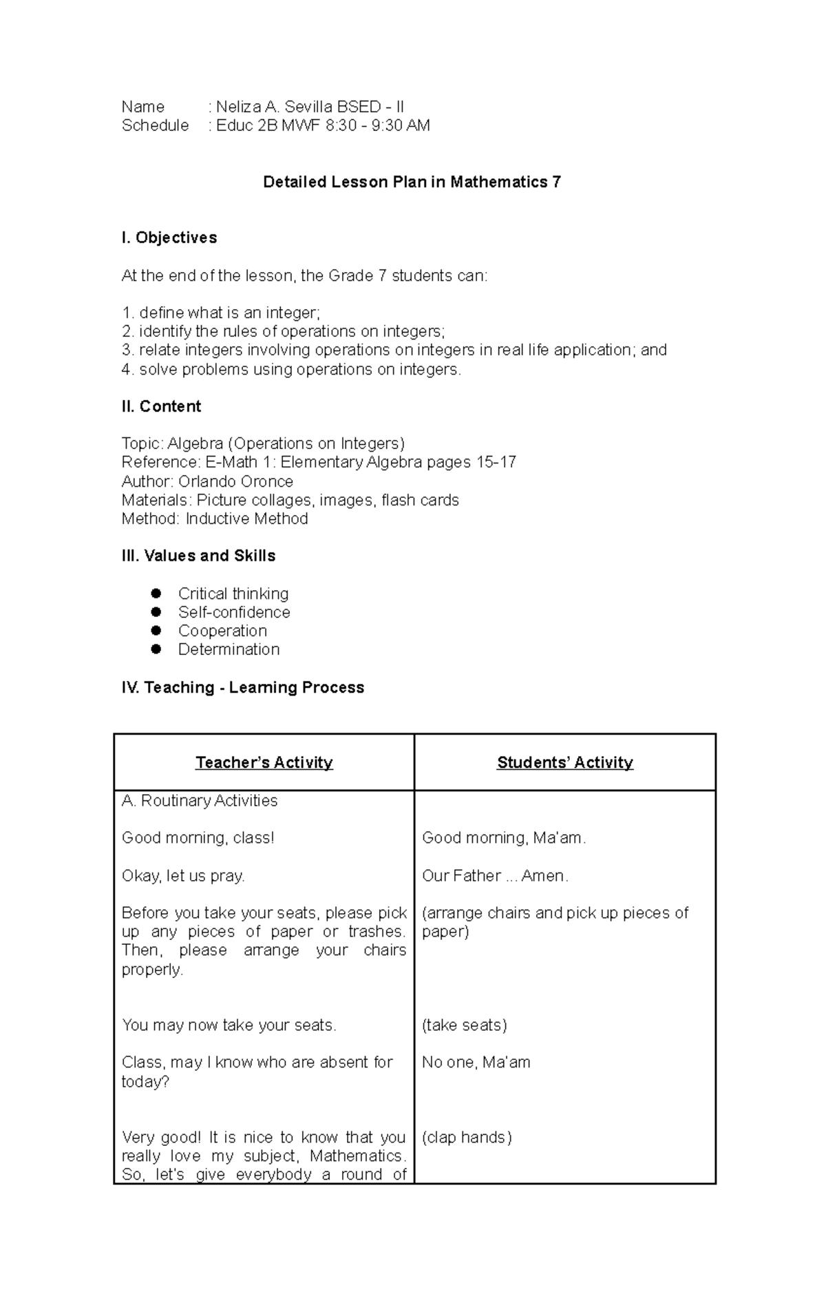 Detailed Lesson Plan in Mathematics 7 In - Name : Neliza A. Sevilla ...