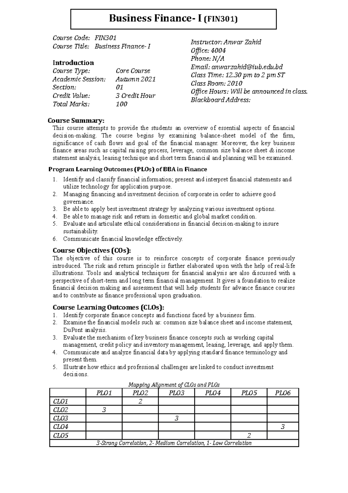 IUB HRM301 course outline for BBA student - Course Code: FIN Course ...