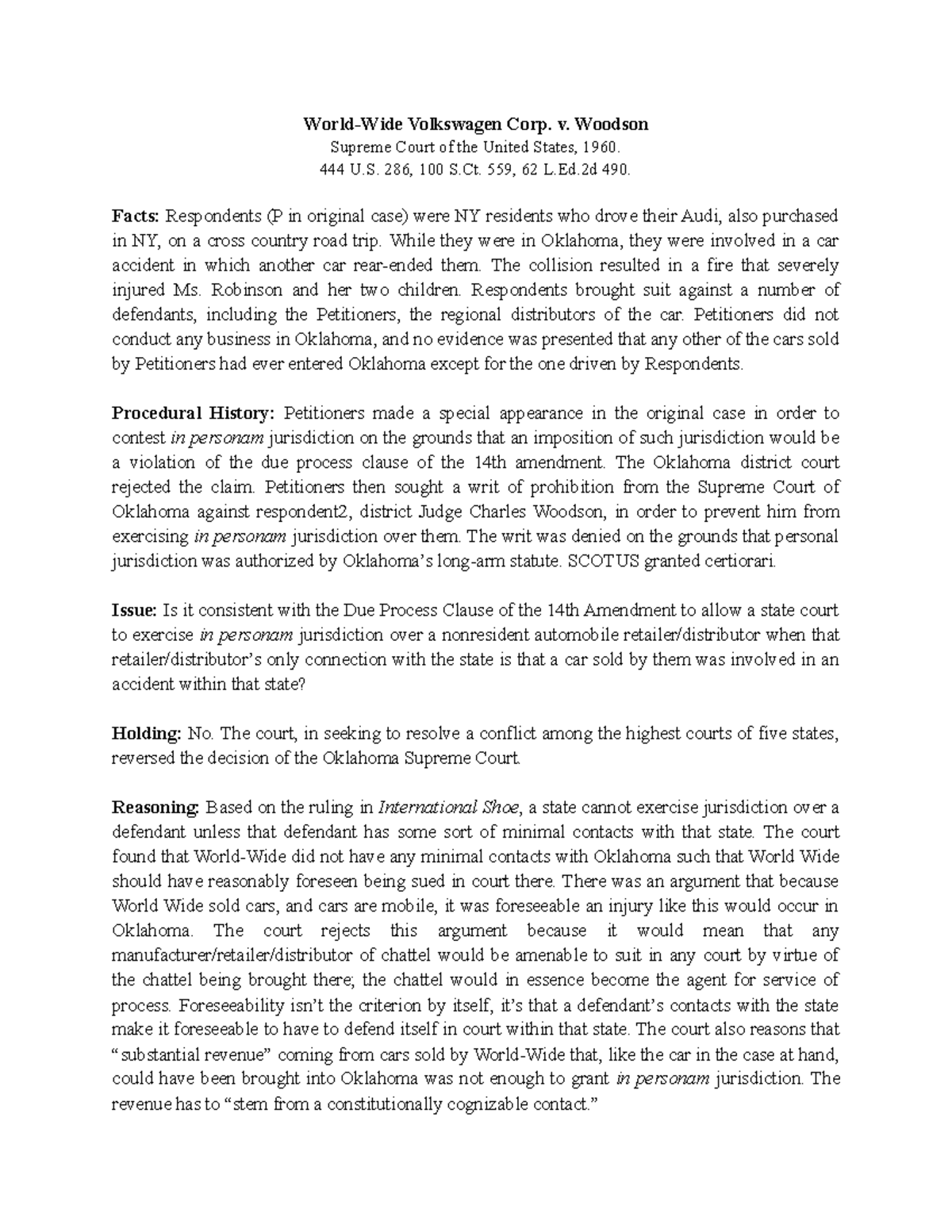 Civil Procedure Case Briefs - World-Wide Volkswagen Corp. v. Woodson ...