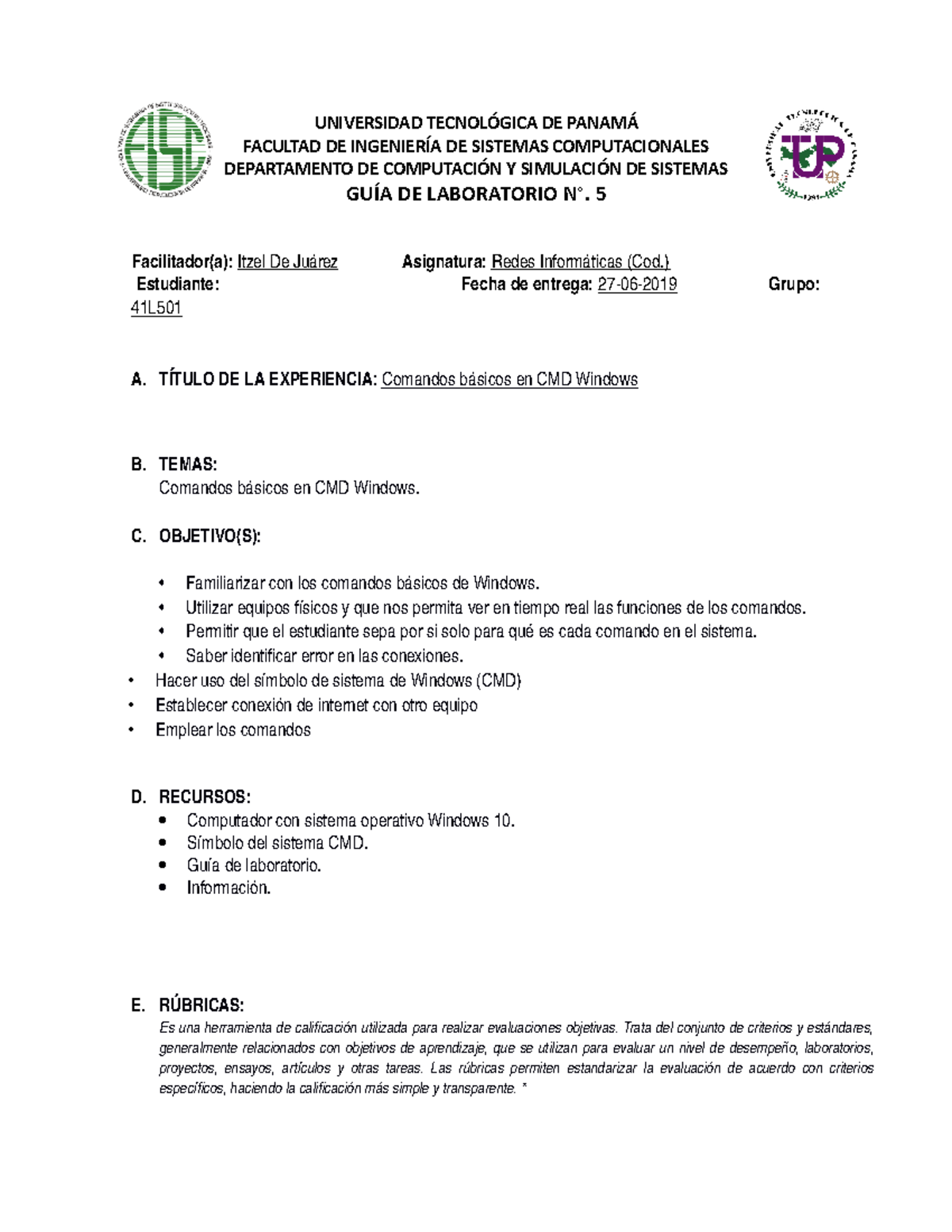 Lab. No.5 Comandos Basicos en CMD Windows - UNIVERSIDAD TECNOLÓGICA DE ...