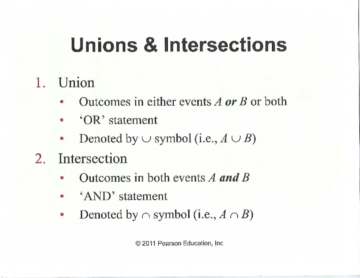 Lecture 5b Probability - Unions Intersections 1. Union Outcomes in ...