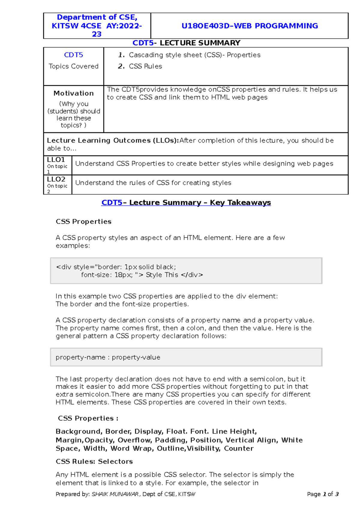 Wp Cdt5 Summary Ycchxyt Department Of Cse Kitsw 4cse Ay2022 23 U18oe403dweb Programming