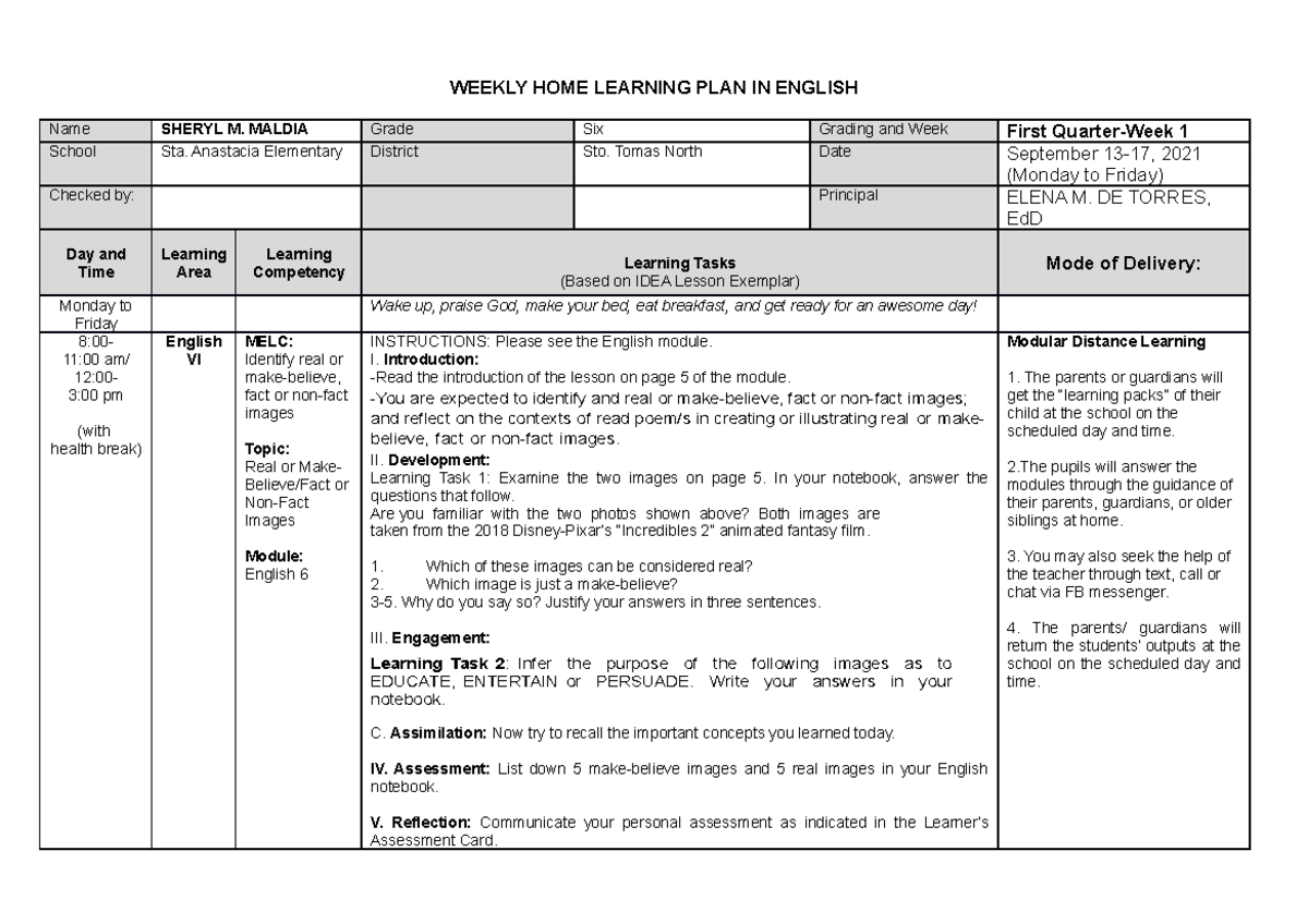 Sample whlp - WEEKLY HOME LEARNING PLAN IN ENGLISH Name SHERYL M ...
