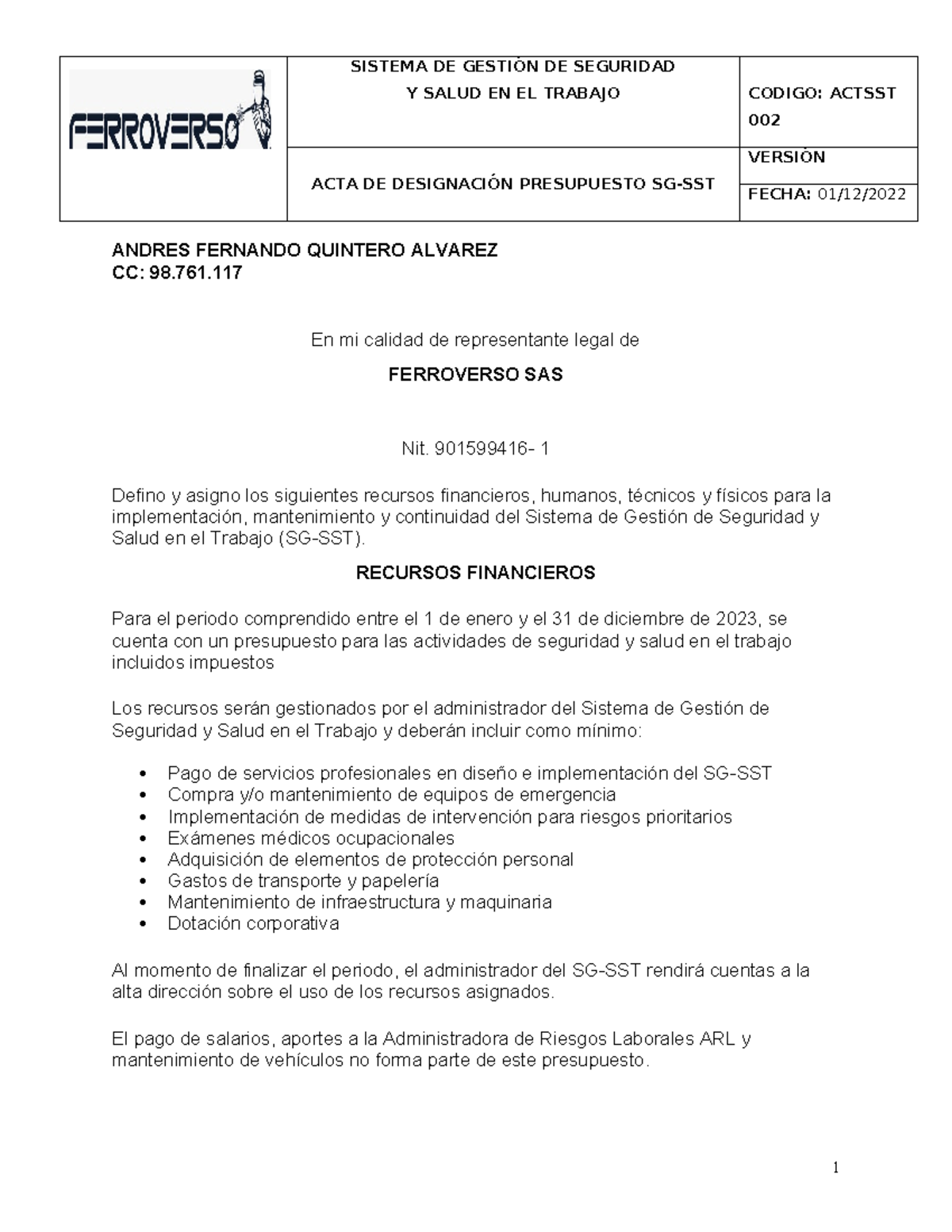 ACT- SST 002 ACTA Designacion DE Presupuesto 2023 - SISTEMA DE GESTIÓN ...
