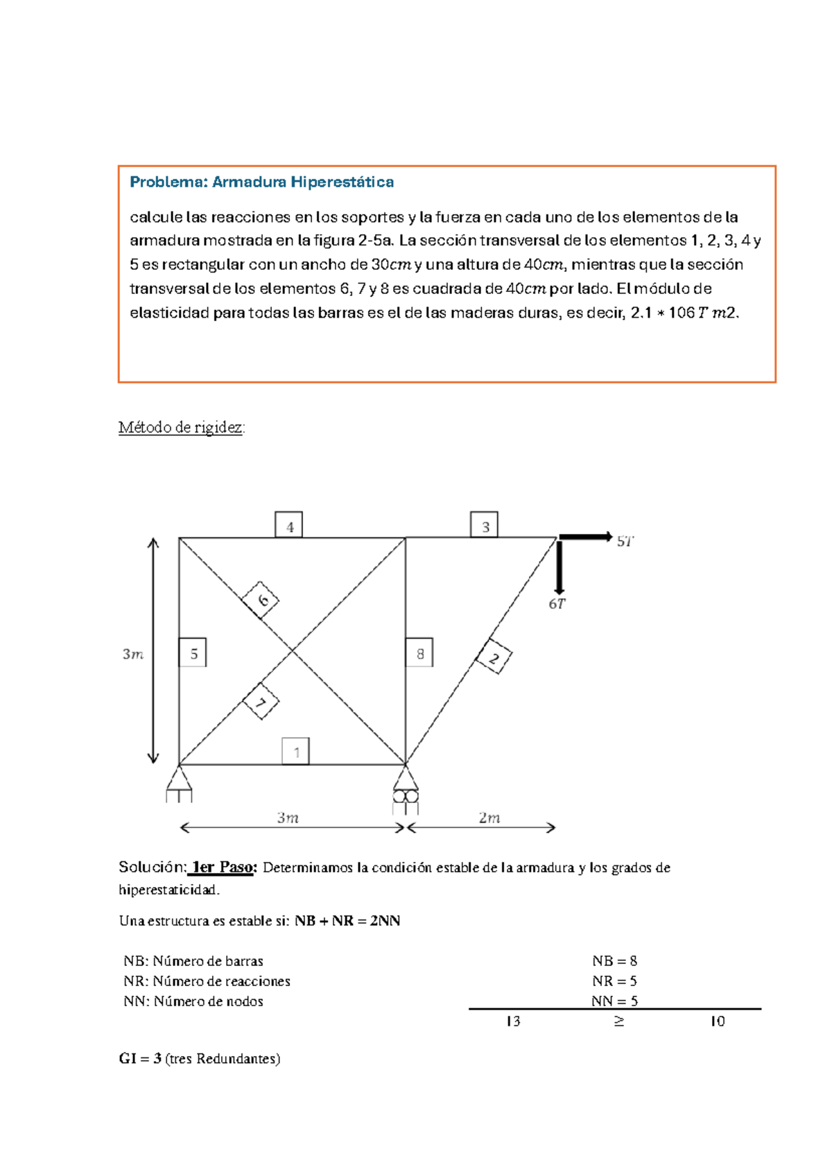 Armadura Hiperestática - Método de rigidez: Solución: 1er Paso: Determinamos la condición ...