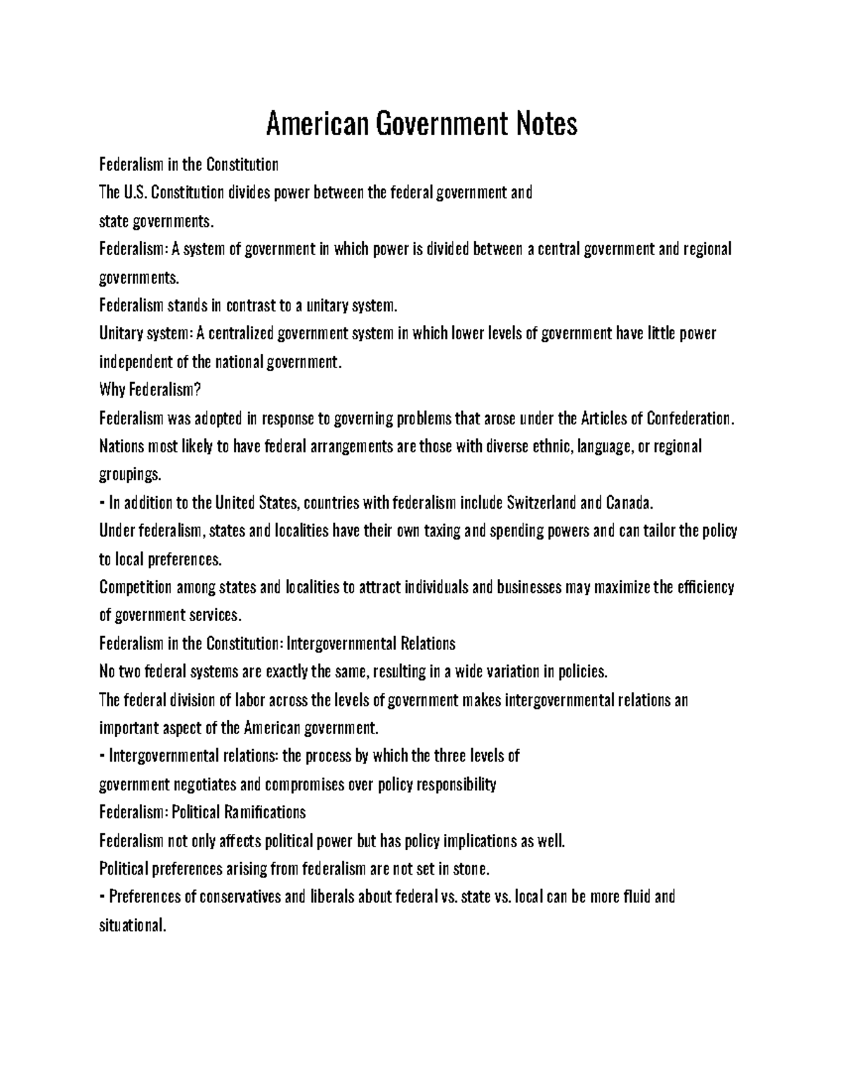 American Government Notes- Federalism - Constitution divides power ...