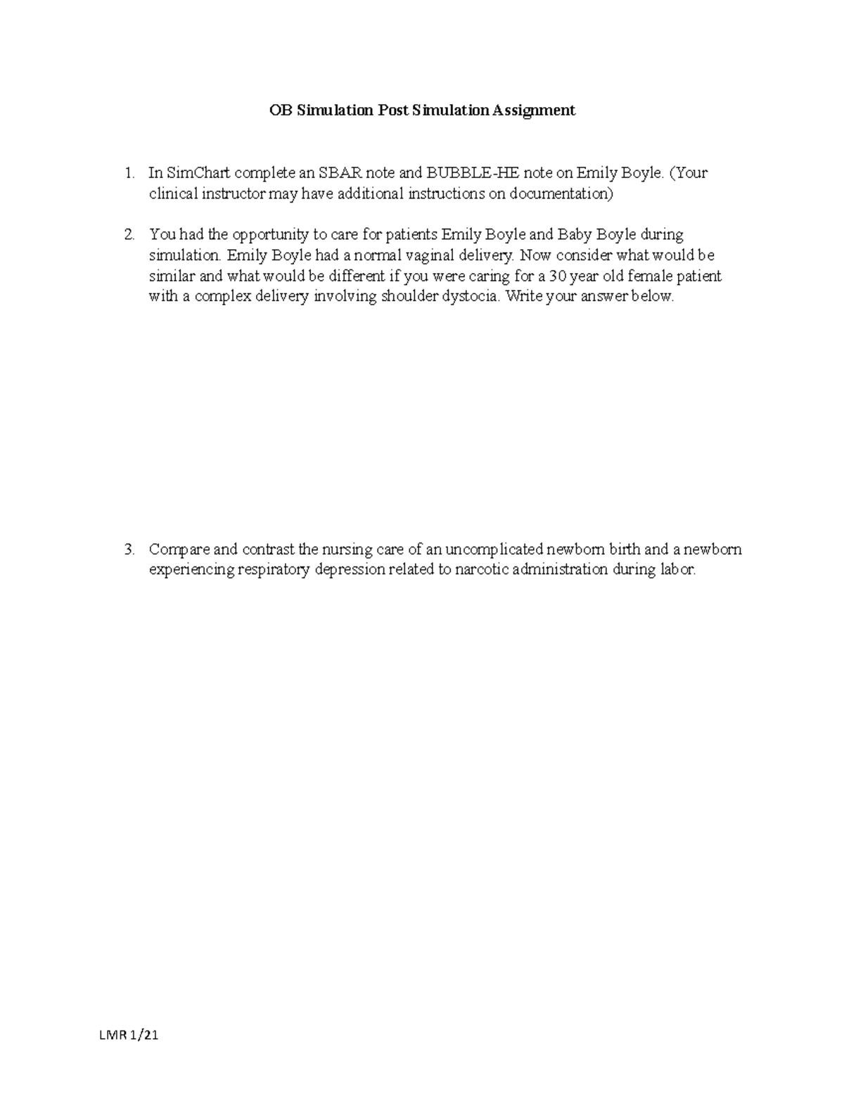 OB post simulation assignment updated Spring 2021 - OB Simulation Post Simulation Assignment In ...